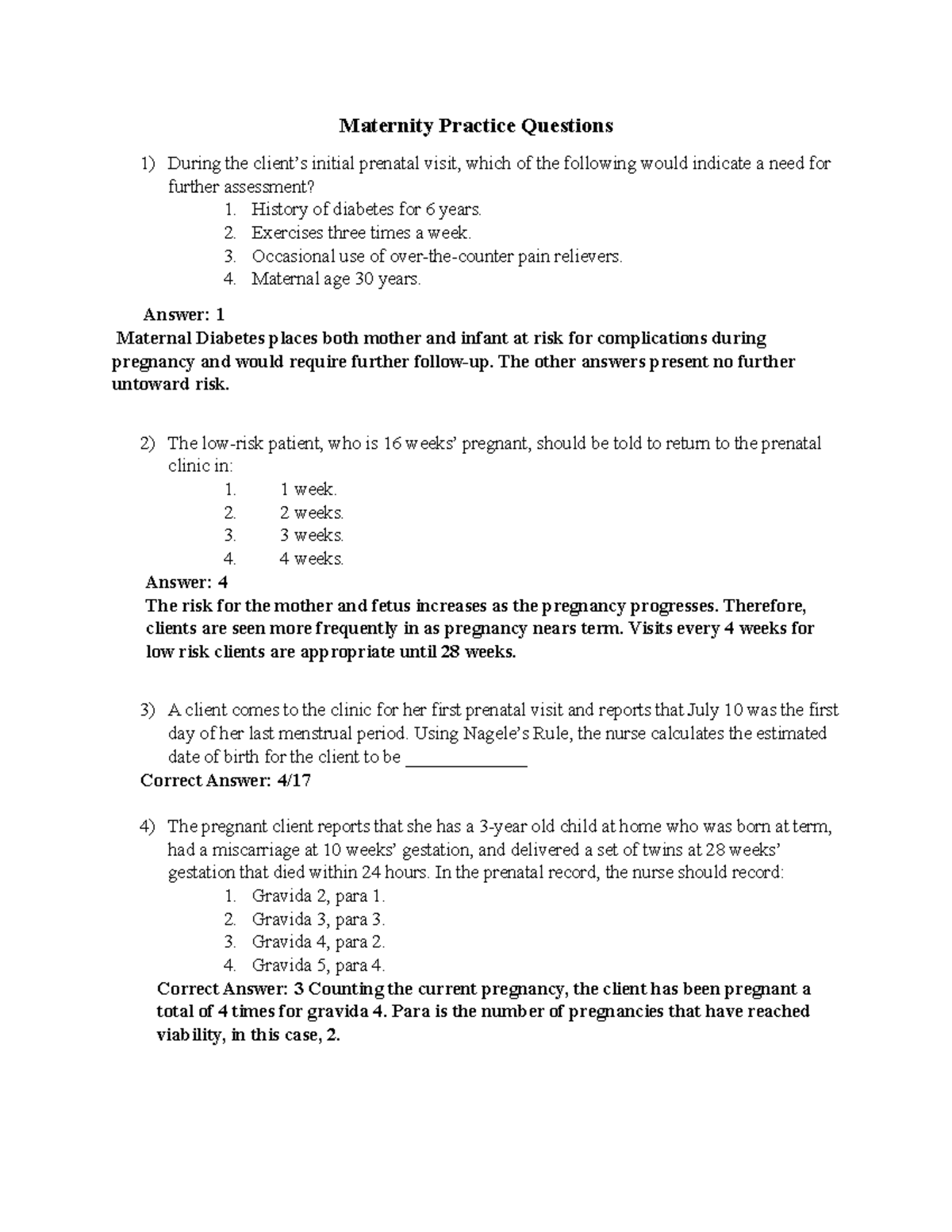 Rev Maternity Practice Questions with Answers(1)(1) - NUR 4270 - Studocu