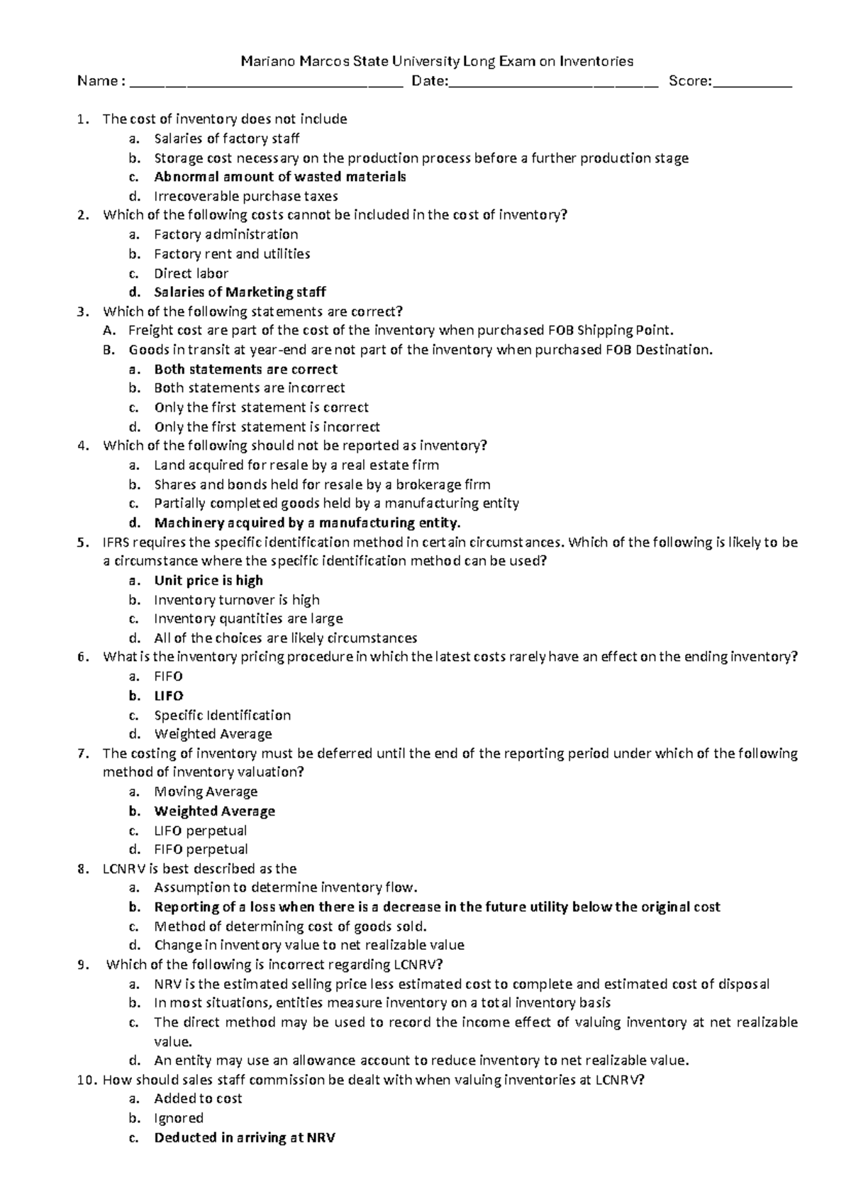 Long-Exam-INventories - Mariano Marcos State University Long Exam on ...