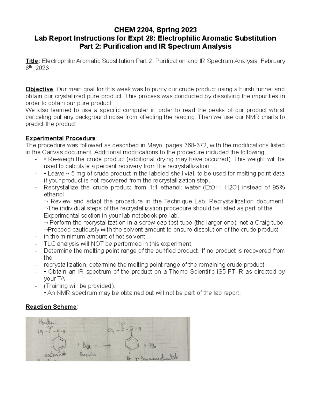 Elec. Arom. Subs. Part 2 Lab report-Spring 2023 - CHEM 2204, Spring ...