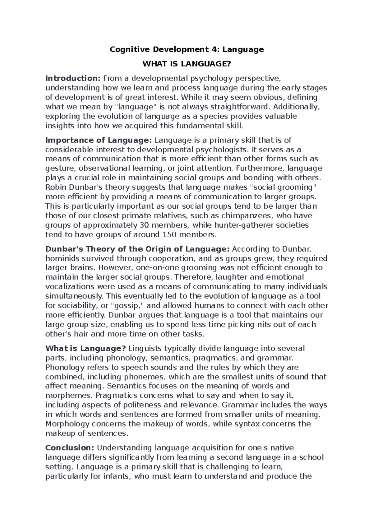 Cognitive Development: Language Acquisition and Origins - Studocu