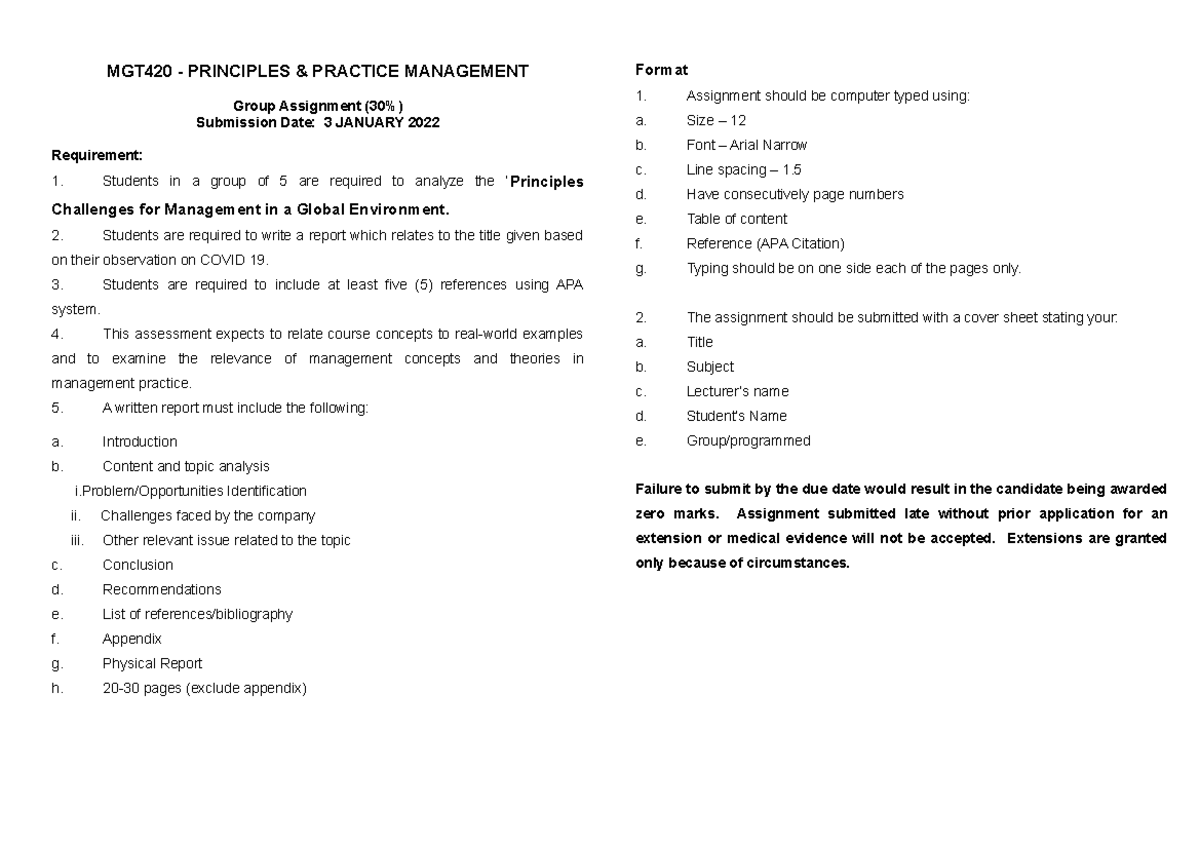 (2022 OCT-FEB) MGT420- Group Assigment - MGT420 - PRINCIPLES & PRACTICE MANAGEMENT Group - Studocu