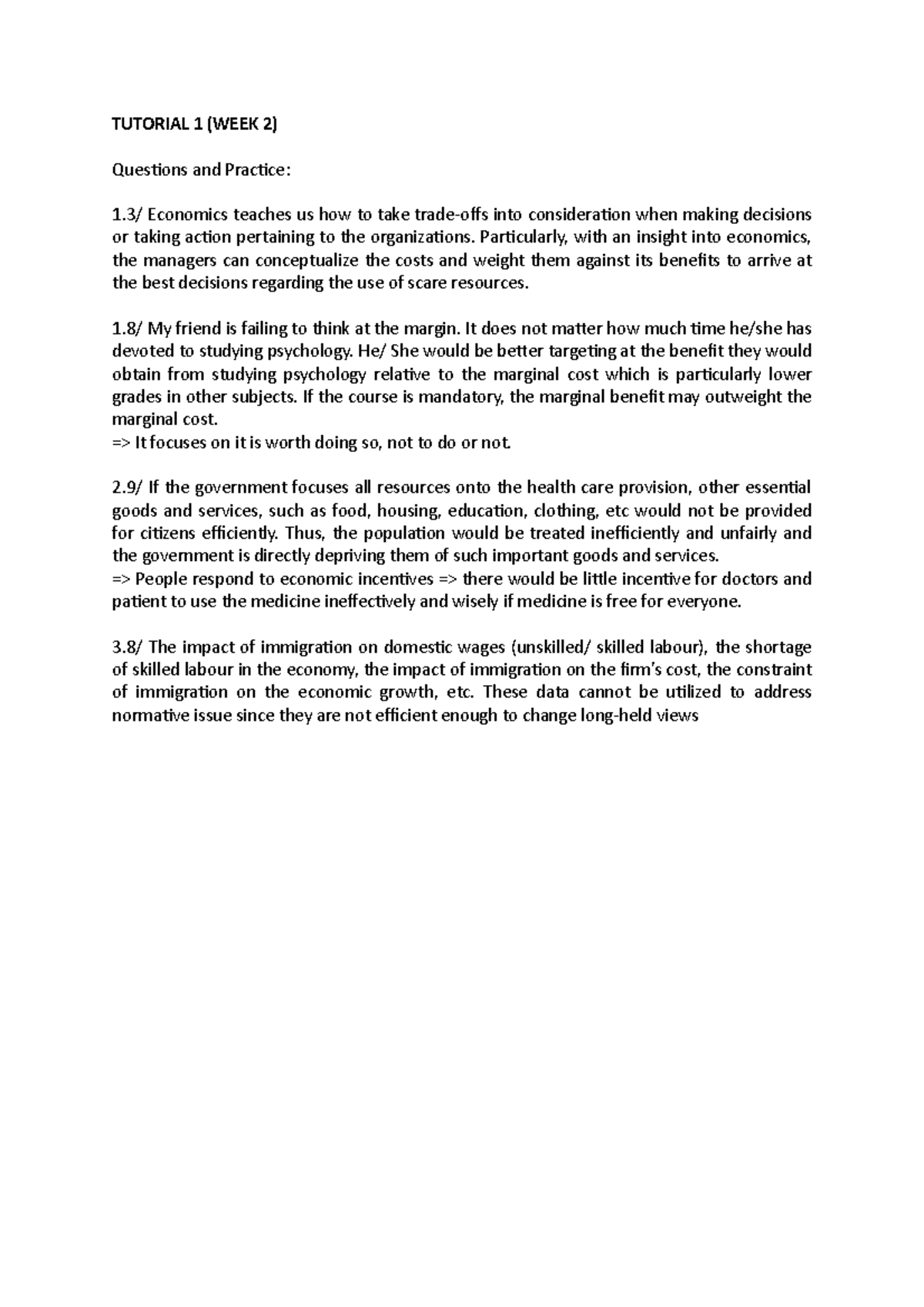 Eco tute 1 - Answers to tutorial 1 - TUTORIAL 1 (WEEK 2) Questions and ...