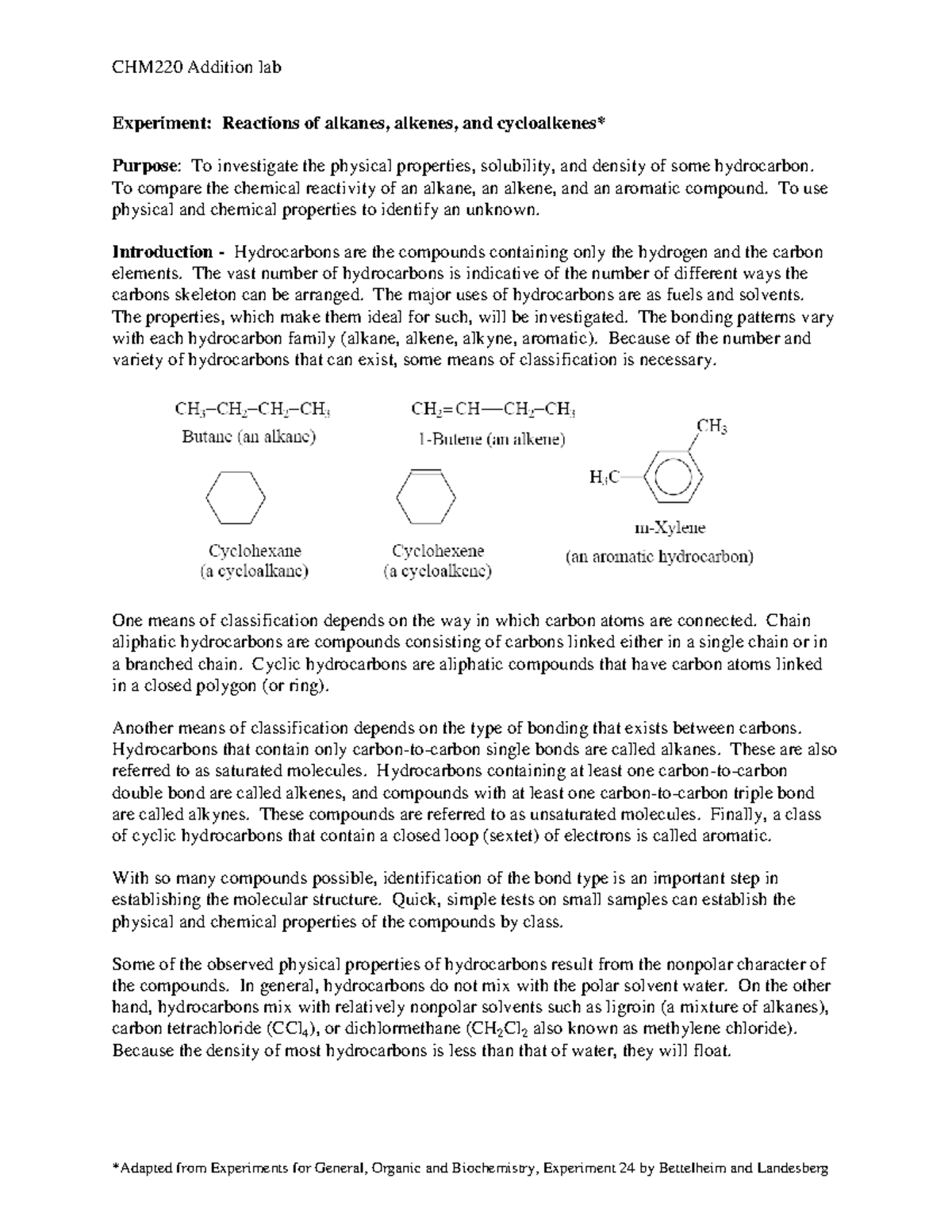 Addition lab organic compund - CHM220 Addition lab *Adapted from ...