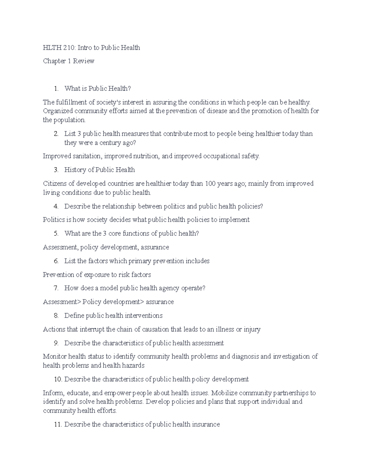 Intro to Public Health HLTH 210 Ch. 1 Practice Questions - HLTH 210 ...
