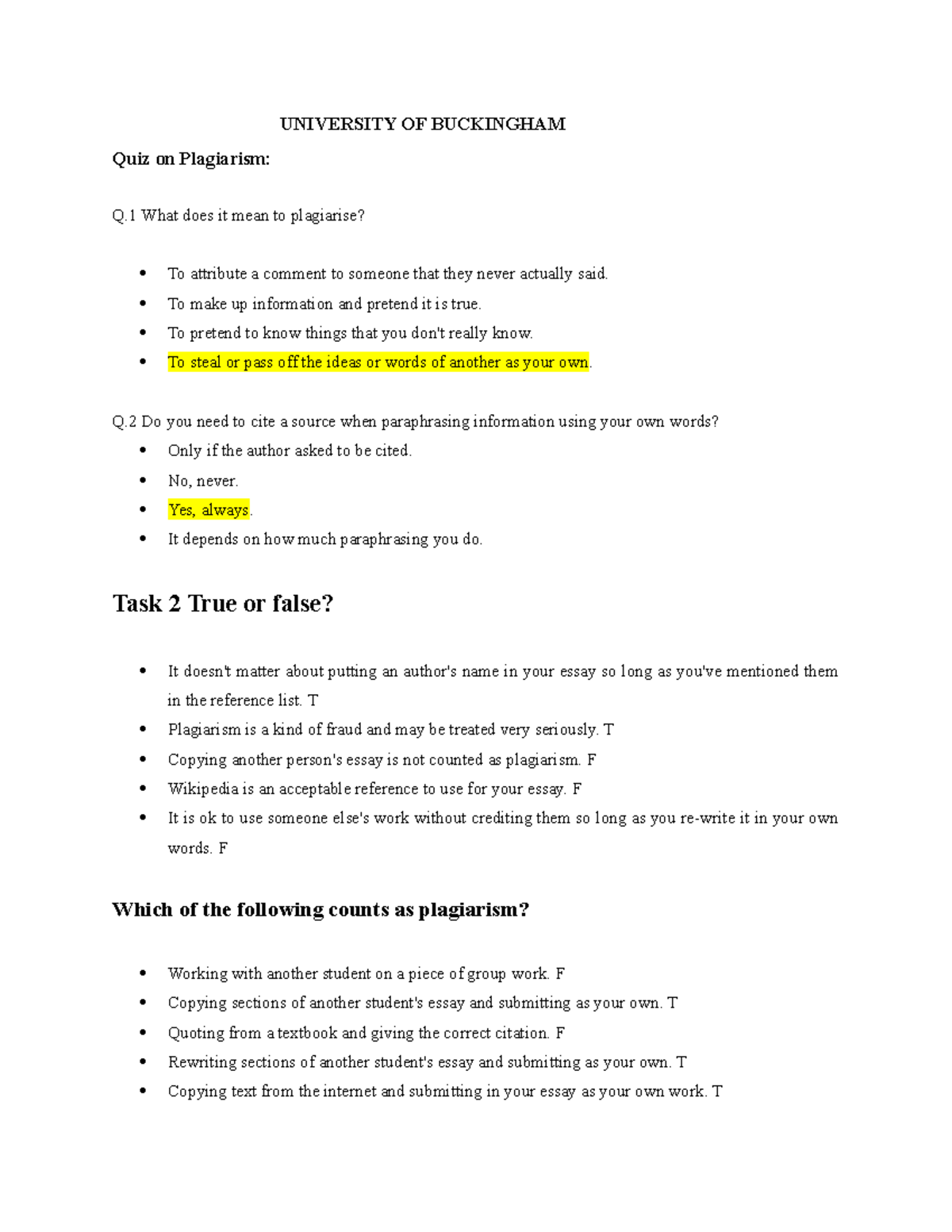 Plagiarism Quiz Autumn 2023 - UNIVERSITY OF BUCKINGHAM Quiz on ...