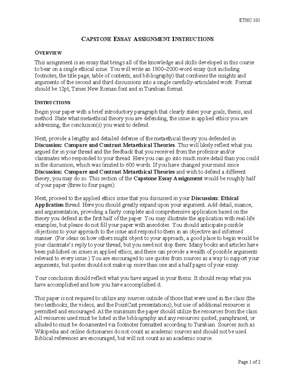 Capstone Essay Assignment Instructions - ETHC 101 CAPSTONE ESSAY ...