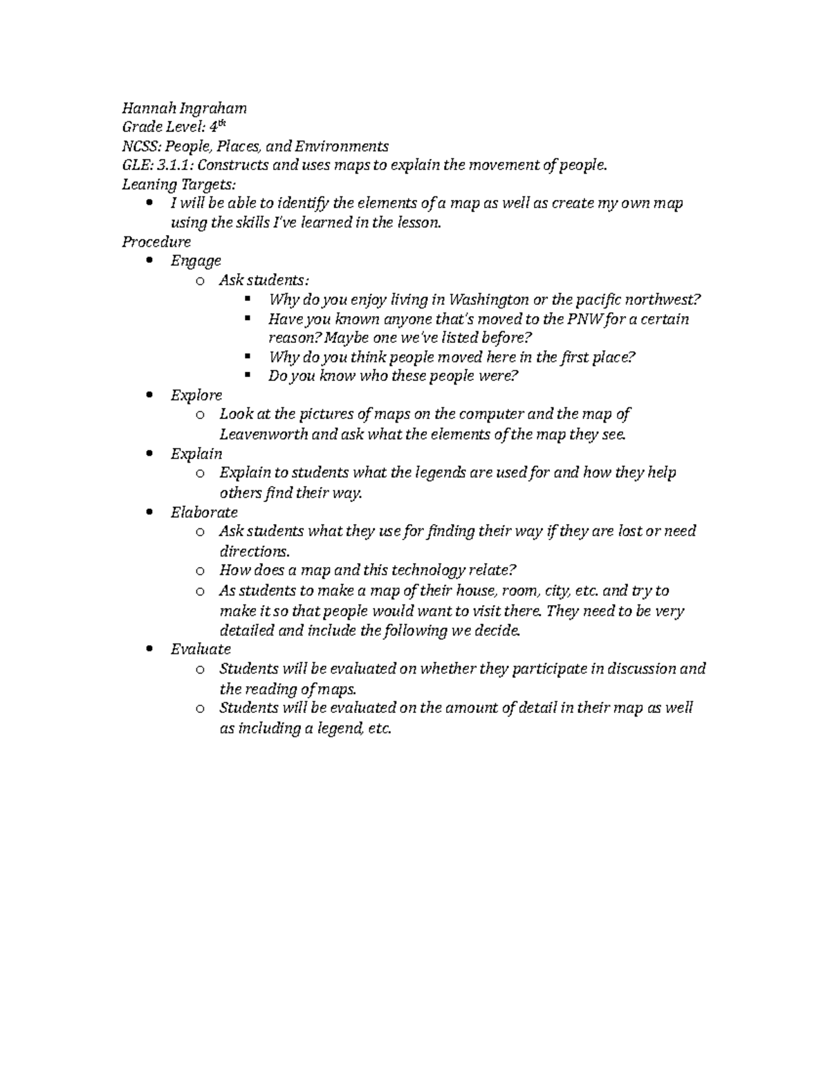 People, Places, Lesson Plan - Hannah Ingraham Grade Level: 4th NCSS ...