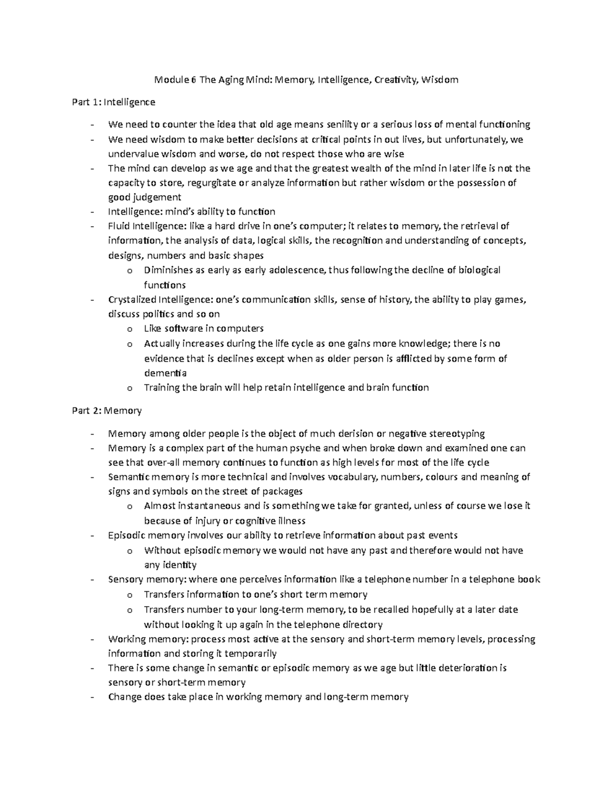 Module 6 The Aging Mind - Memory, Intelligence, Creativity, Wisdom ...