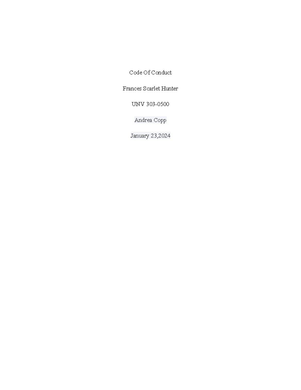 303 Code Of Conduct - Code Of Conduct Frances Scarlet Hunter UNV 303 ...