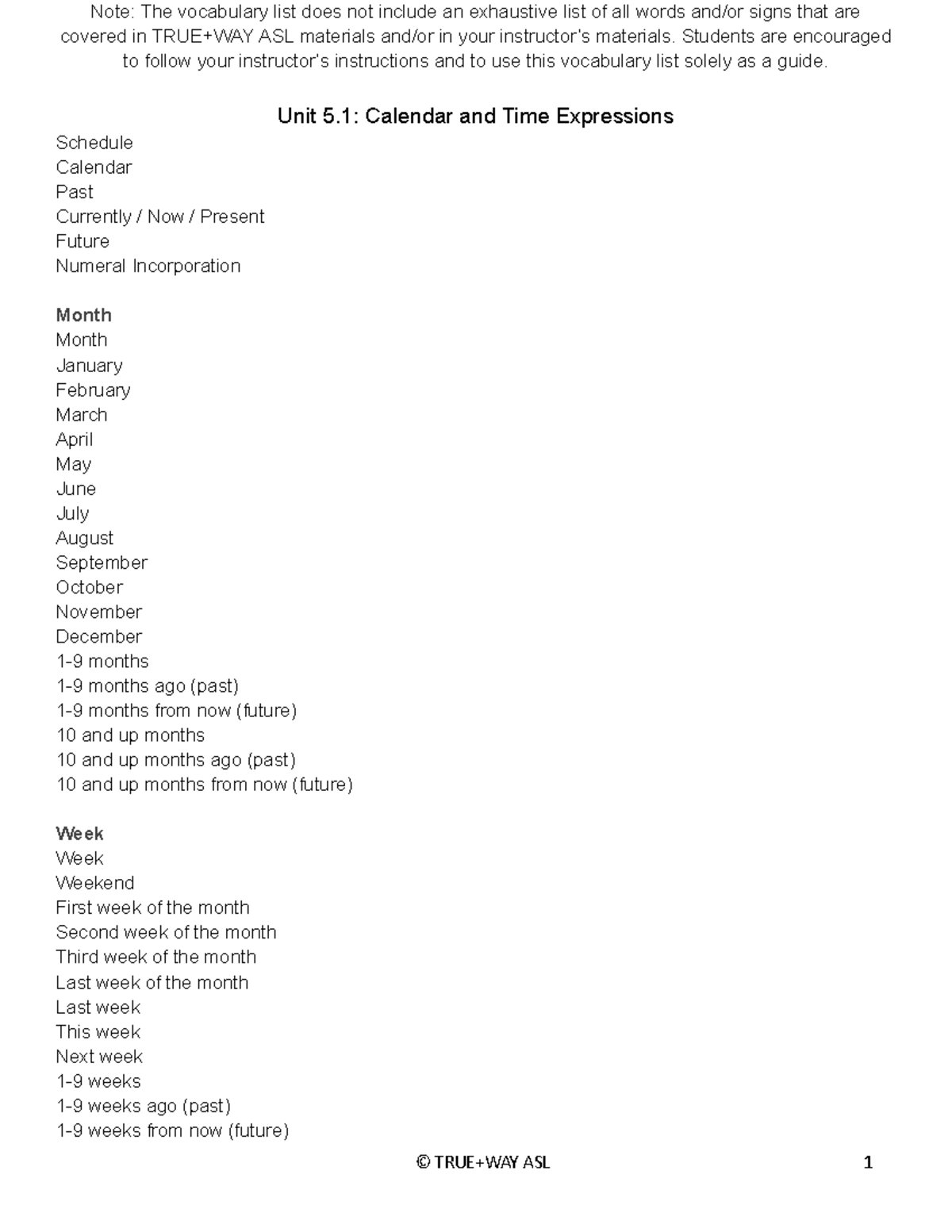 ASL YEAR 1 - Unit 5.1-5.6 Vocabulary List - Note: The vocabulary list ...