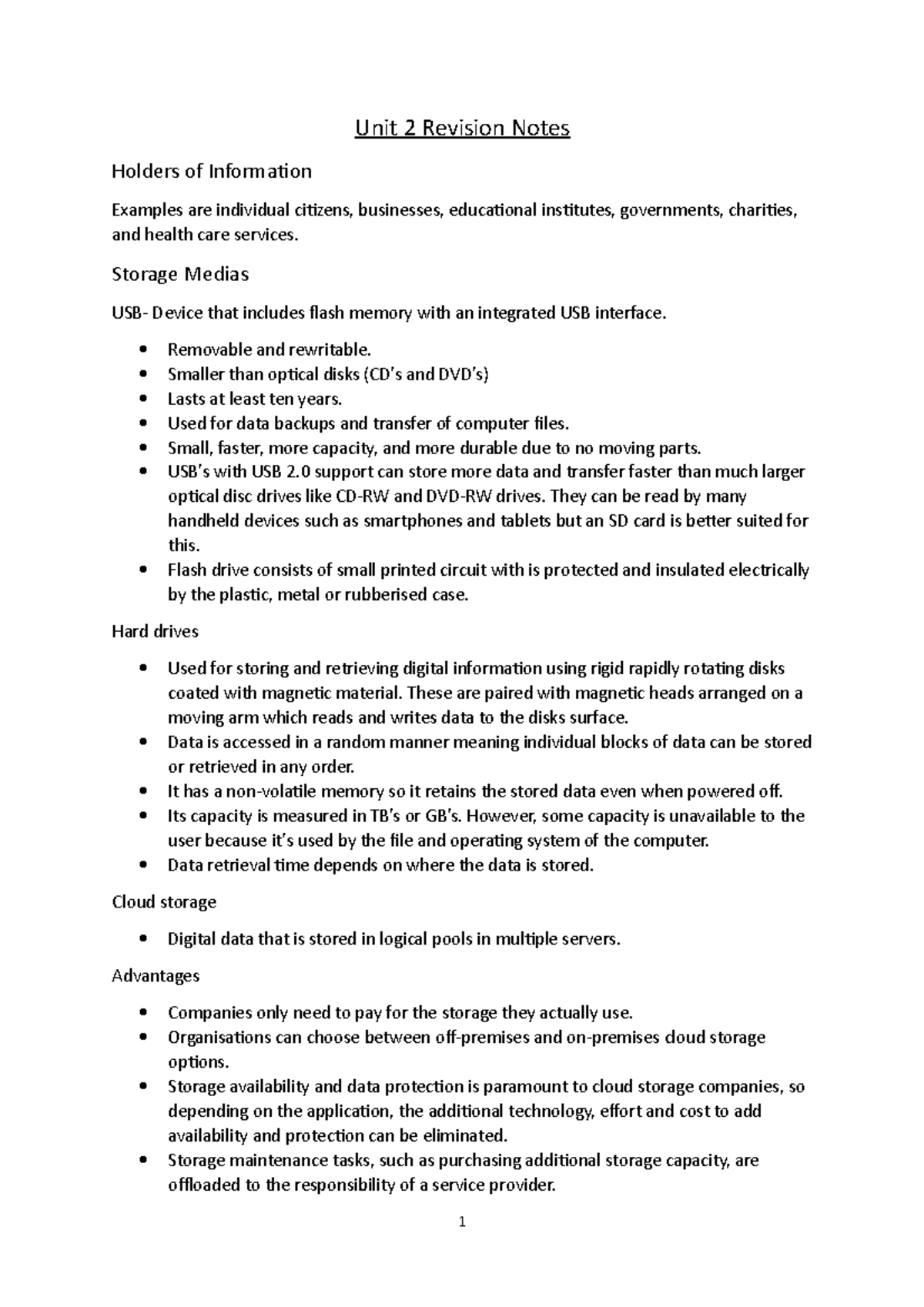 Unit 2 Revision Notes - Unit 2 Revision Notes Holders of Information ...