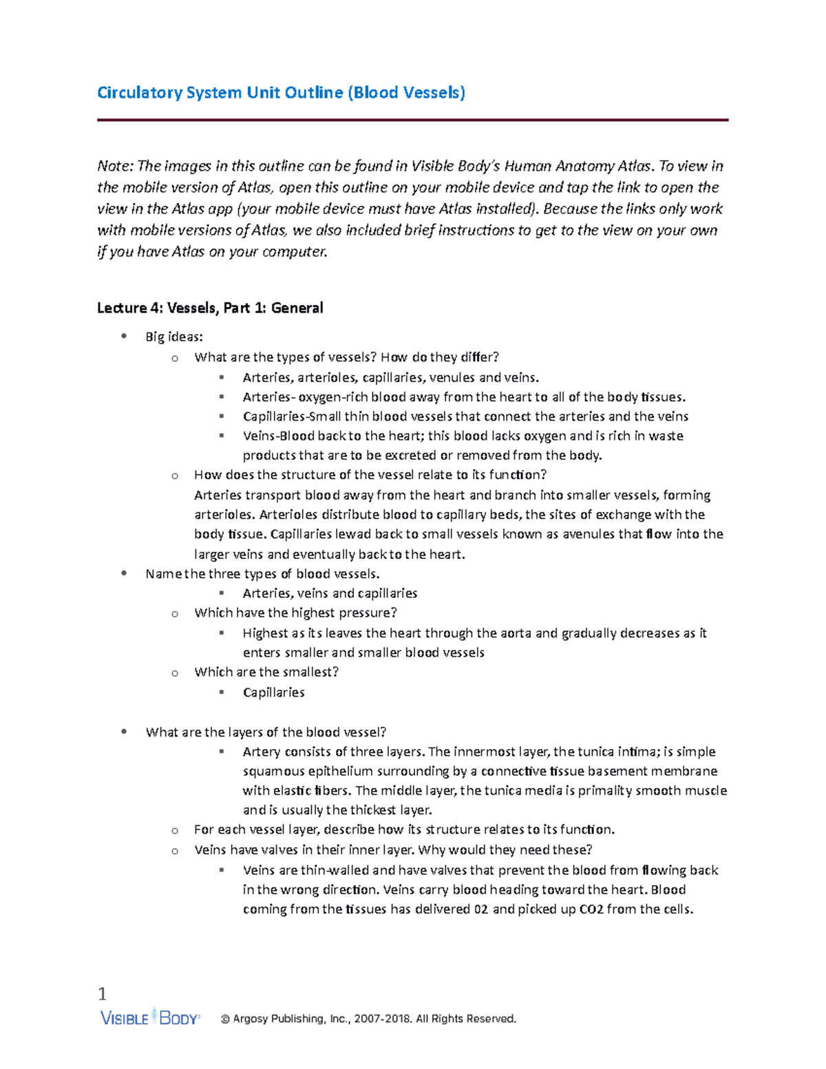 Guided Notes for the Blood Vessels - Circulatory System Unit Outline ...