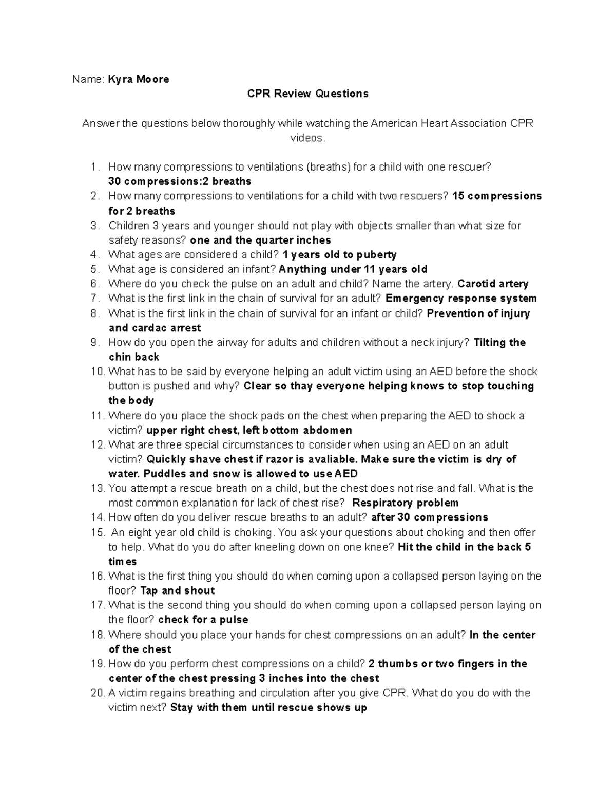 CPR Review Questions - Name: Kyra Moore CPR Review Questions Answer the ...