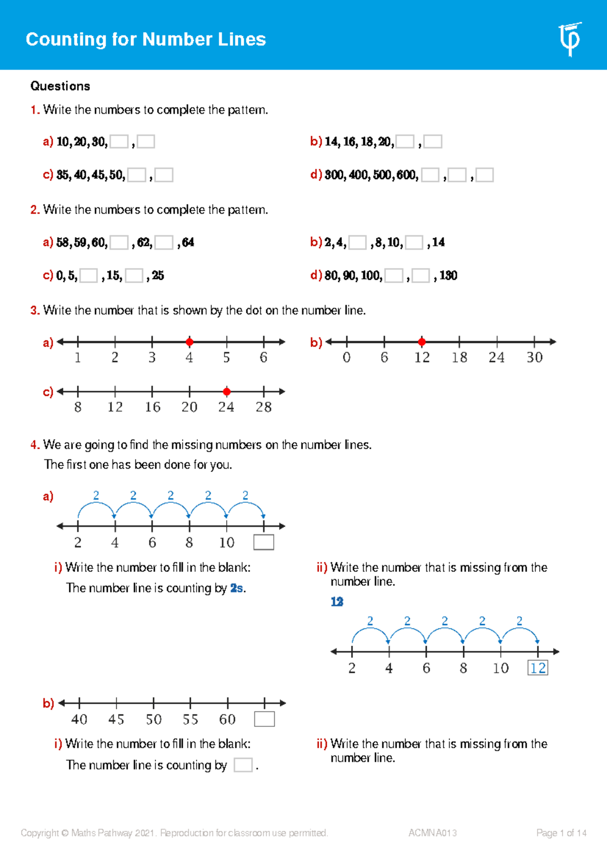 Counting for Number Lines - Questions 1 the numbers to complete the ...