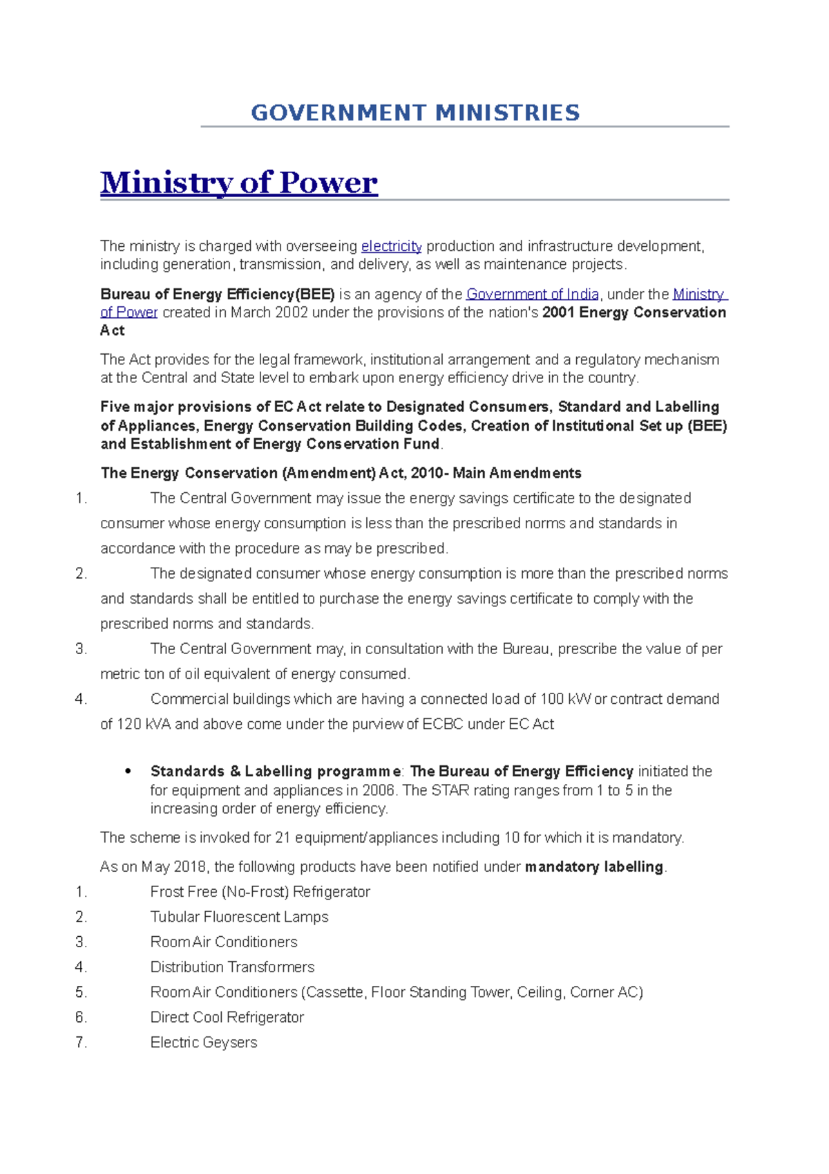 Government Ministries 7 - GOVERNMENT MINISTRIES Ministry of Power The ...