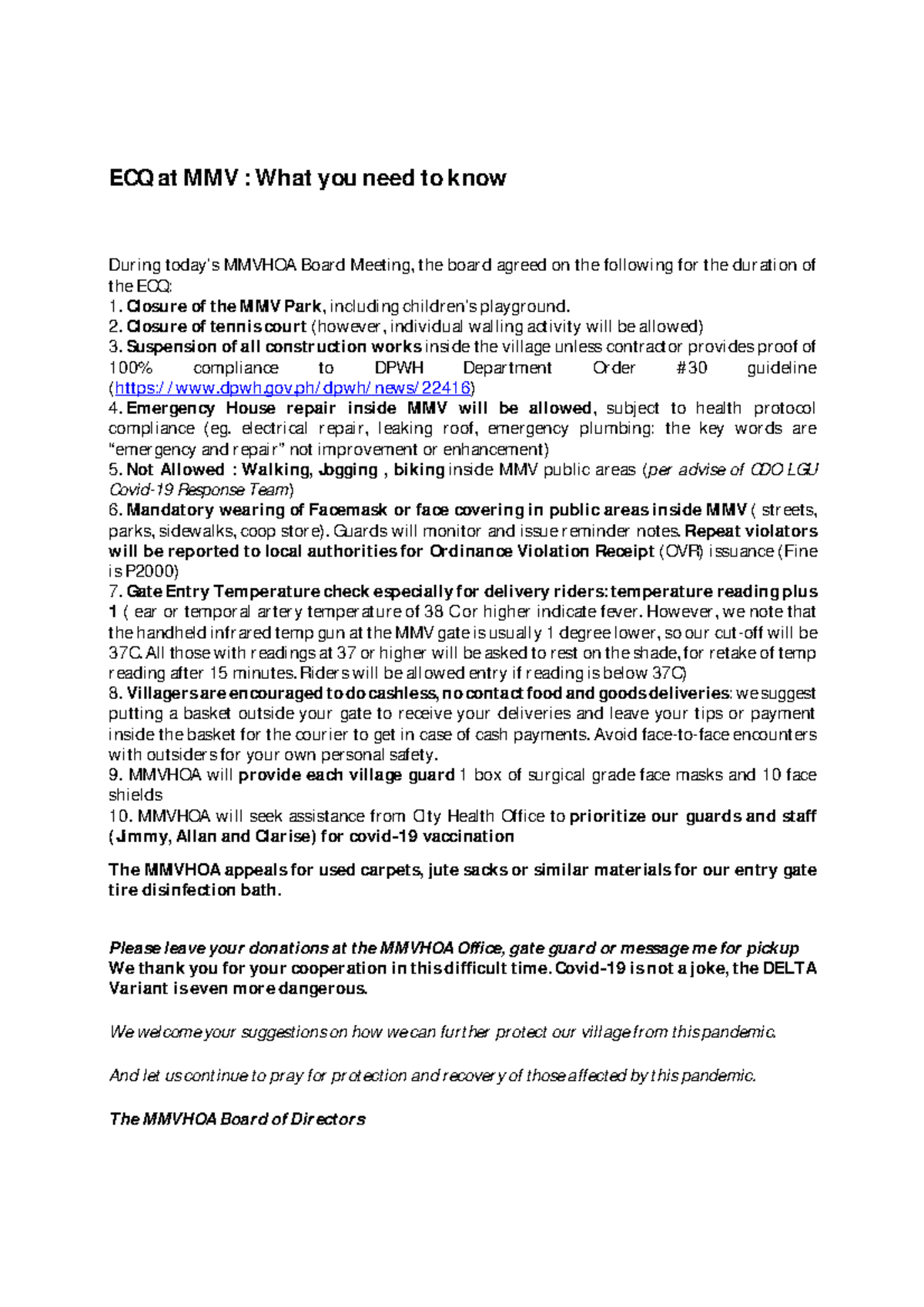 ECQ at MMV - MMVHOA Board Meeting protocol on ECQ - ECQ at MMV : What ...