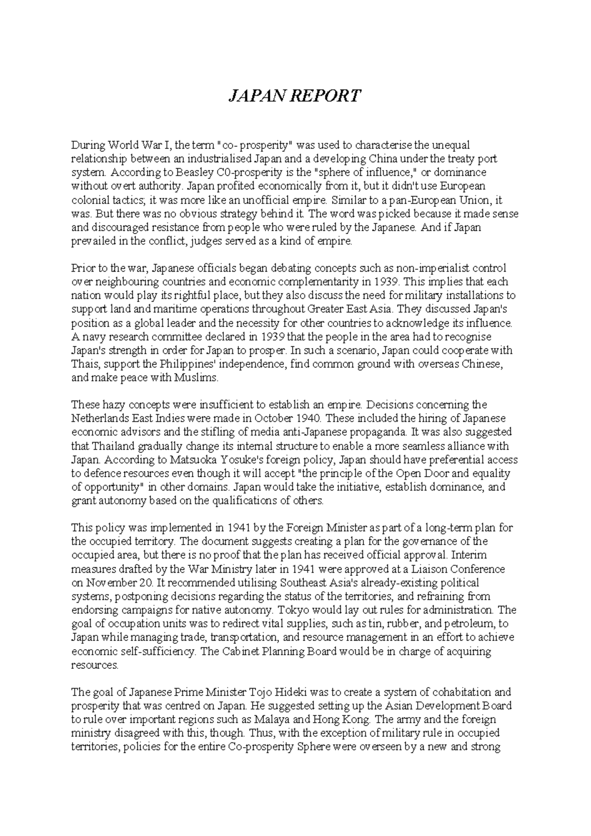 Japan report - assessment - JAPAN REPORT During World War I, the term ...