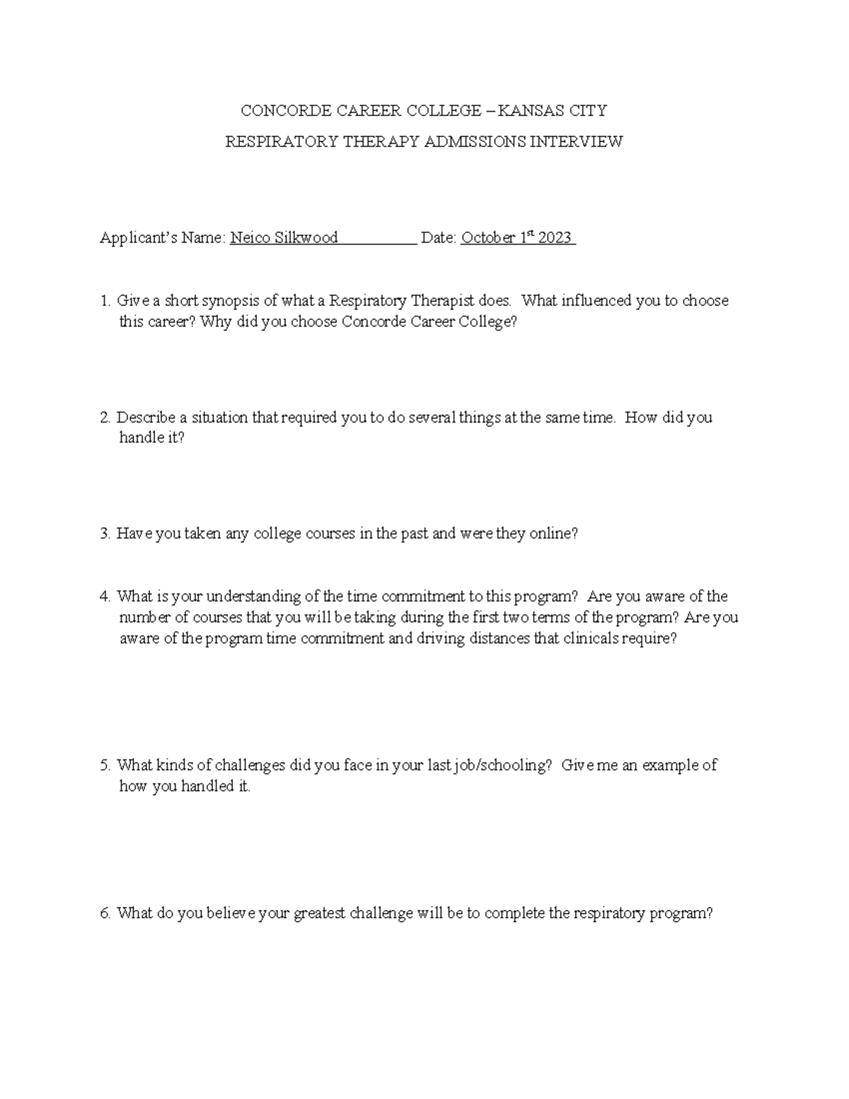 Respiratory Therapy Admissions Interview Questions - CONCORDE CAREER ...