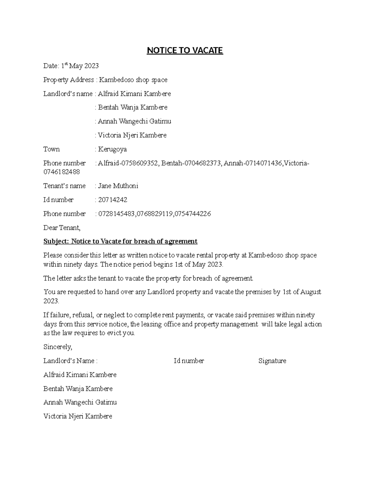 Notice TO Vacate - case law - NOTICE TO VACATE Date: 1st May 2023 ...