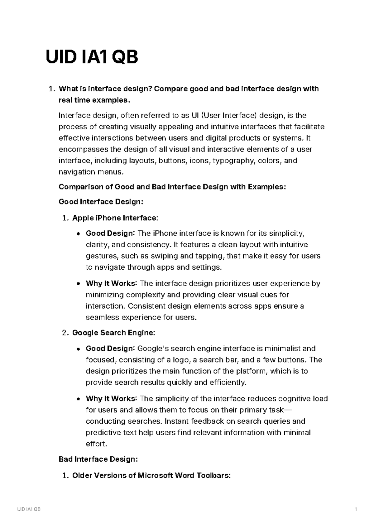 UID IA1 QB - Notes - UID IA1 QB What is interface design? Compare good ...