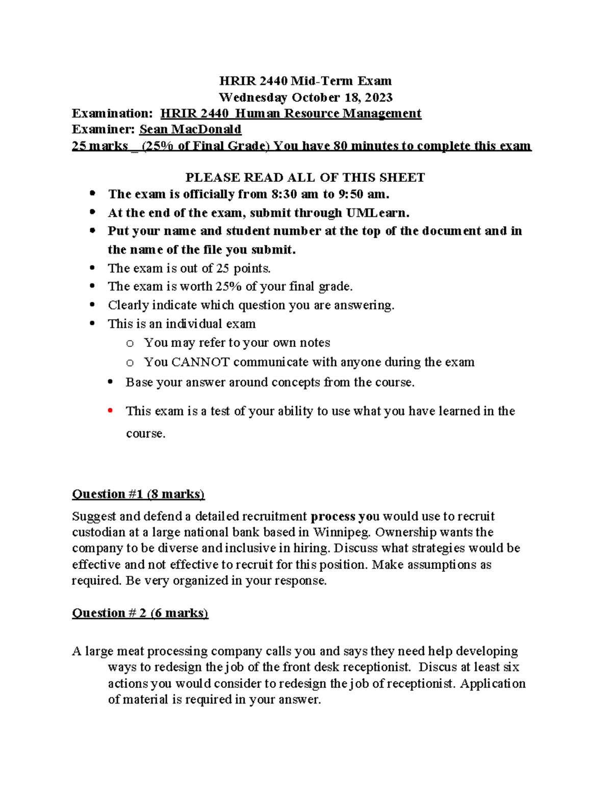 HRIR 2440 Mid Term - At the end of the exam, submit through UMLearn ...