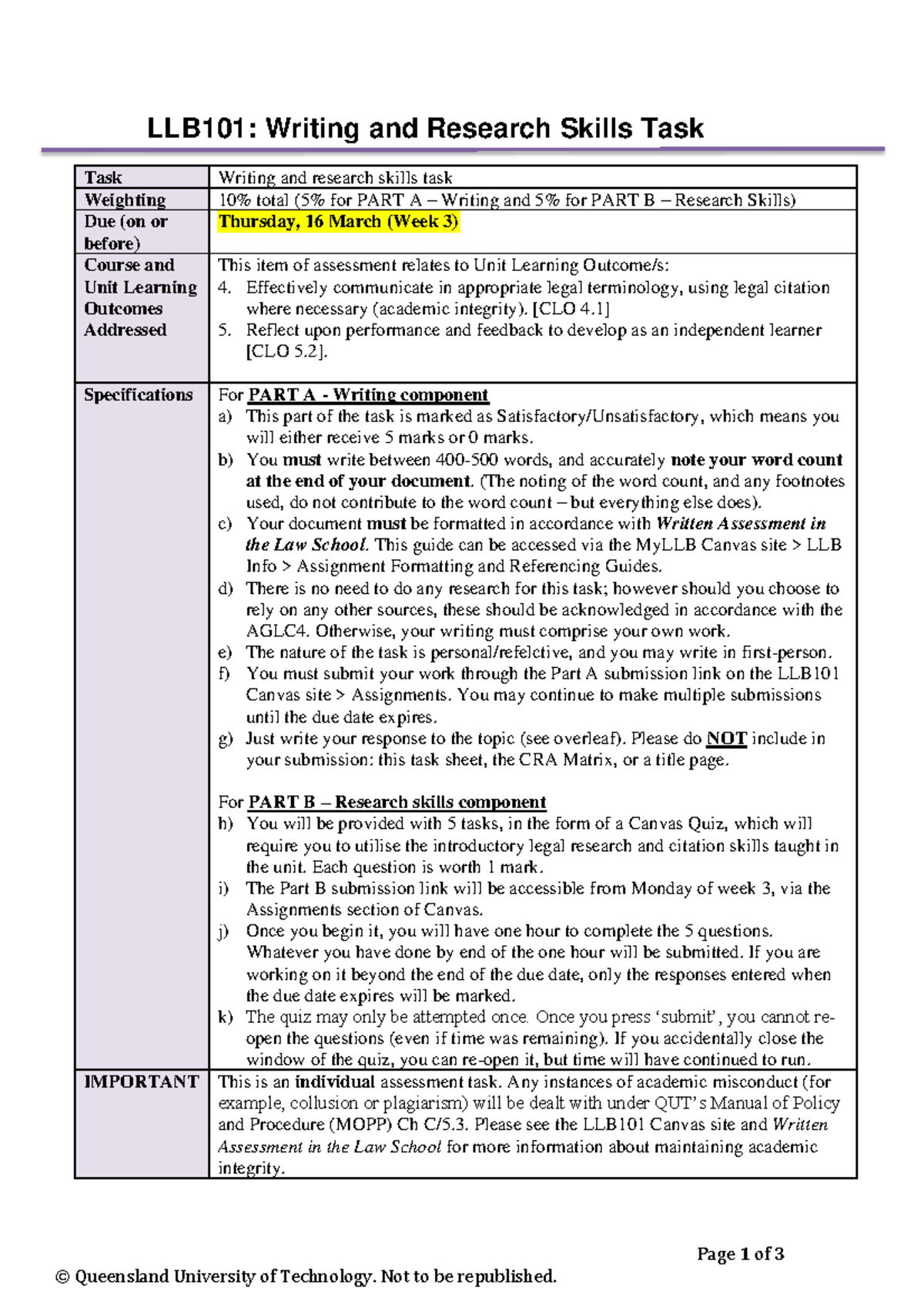 Task Sheet Writing Task 23 1 - Page 1 of 3 © Queensland University of ...