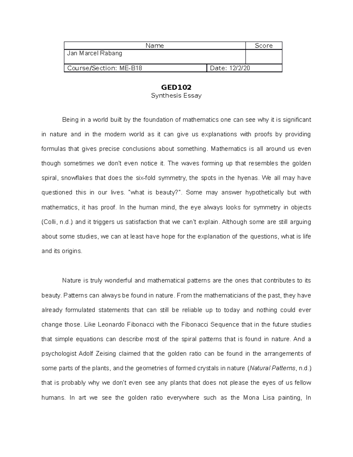 Synthesis Essay week 1 - Name Score Jan Marcel Rabang Date: GED102 ...