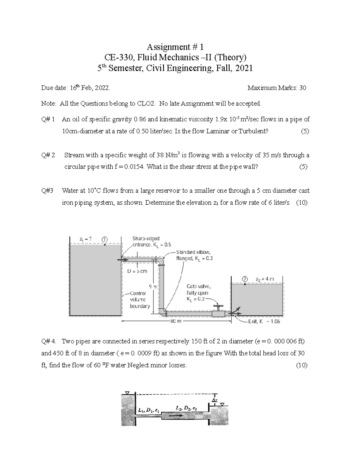 Assignment #1Fluid -II Fall 2021 - Assignment # 1 CE-330, Fluid Mechanics –II (Theory) 5 th ...