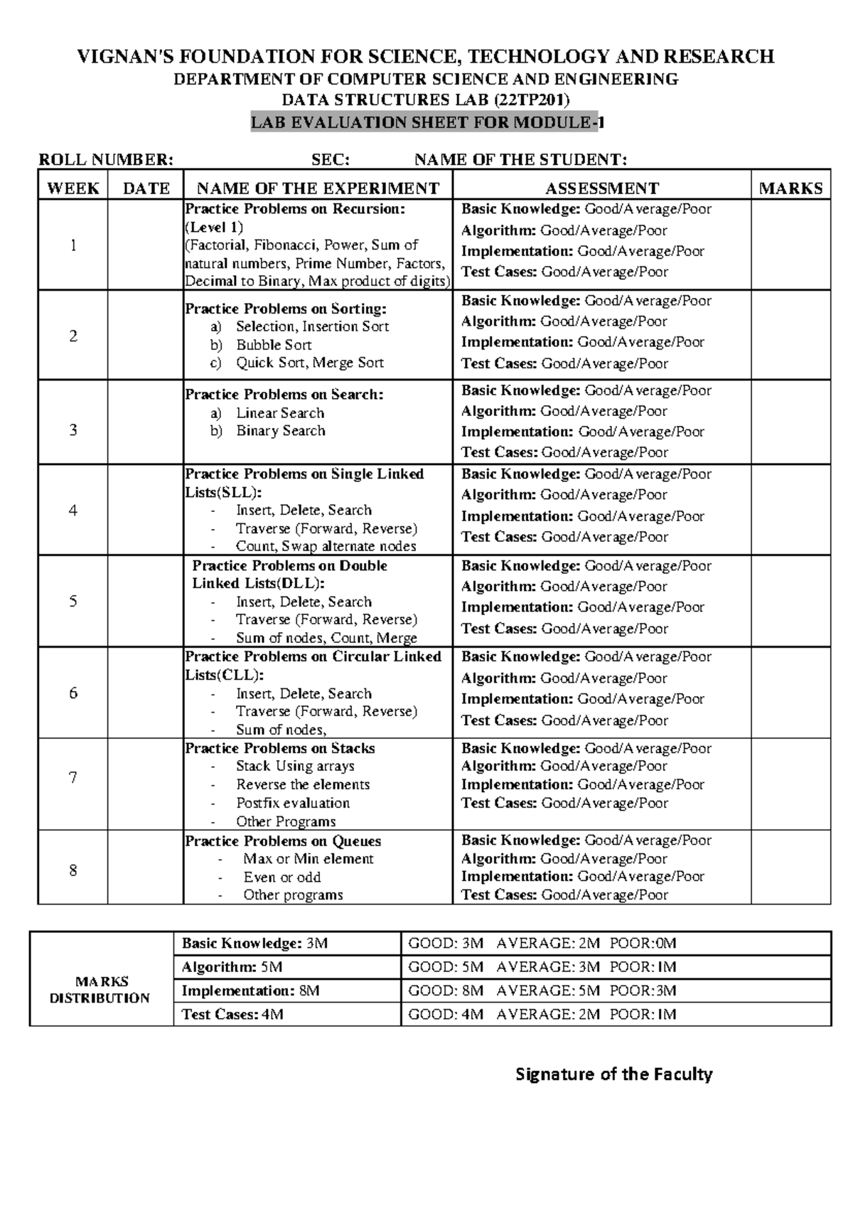 DS LAB Evaluation Sheet - VIGNAN'S FOUNDATION FOR SCIENCE, TECHNOLOGY ...