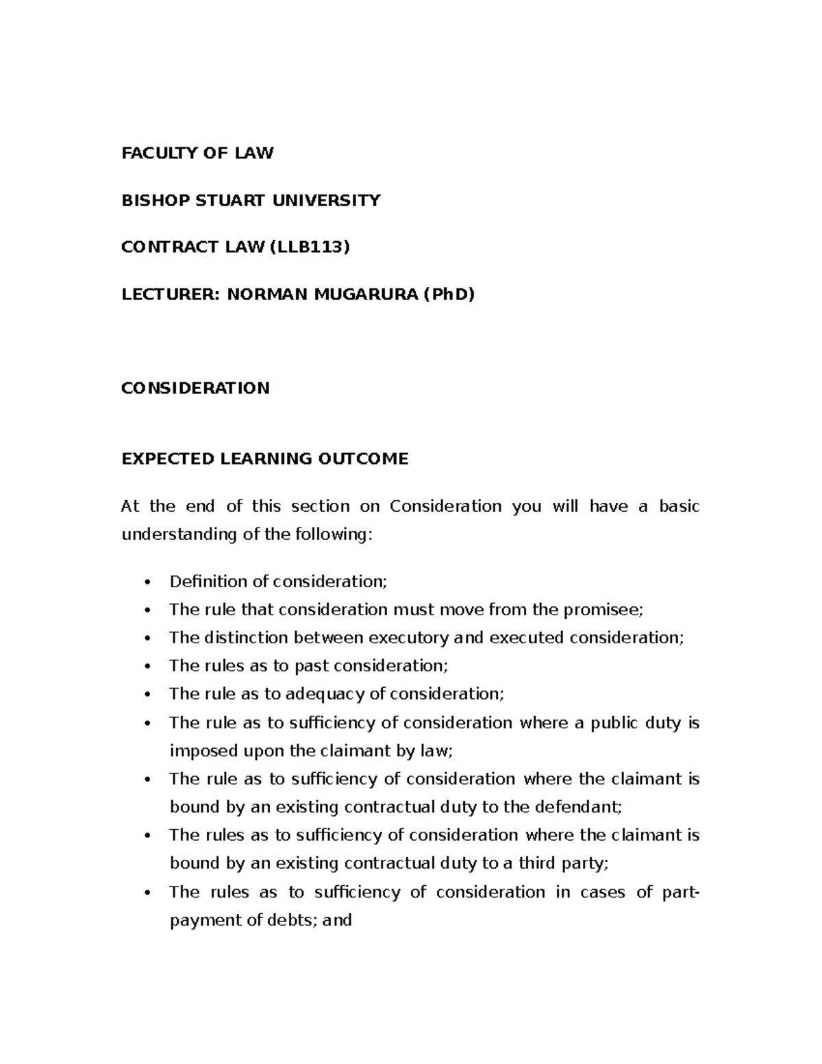 Contractconsideration - FACULTY OF LAW BISHOP STUART UNIVERSITY ...