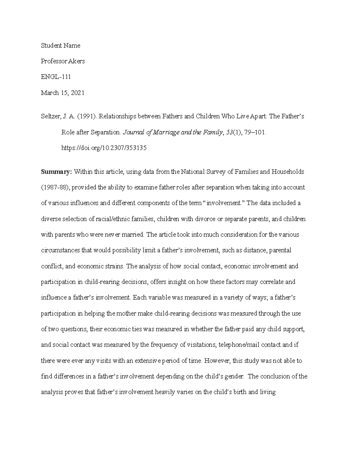 Source Evaluation Example - Student Name Professor Akers ENGL- March 15 ...