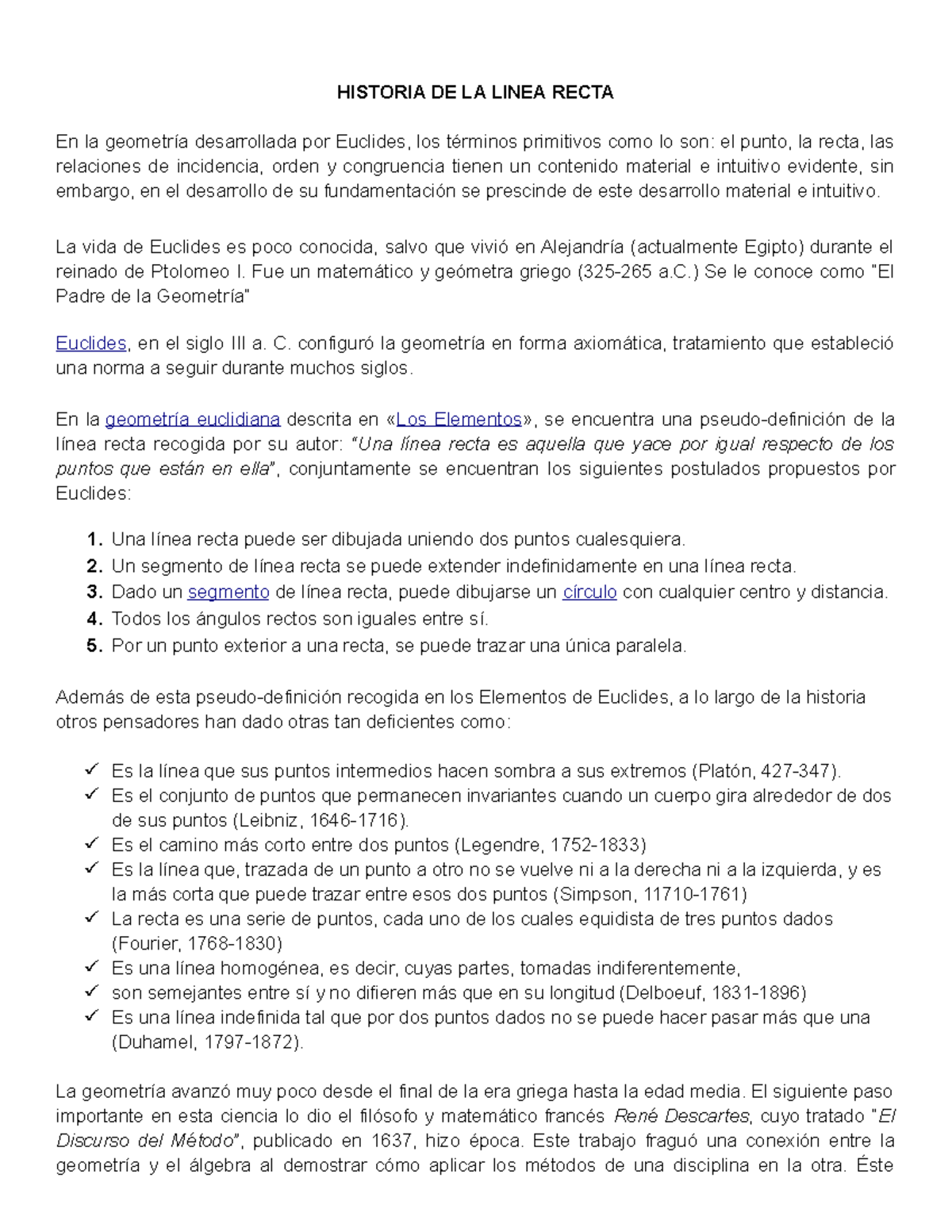 120701764 Historia DE LA Linea Recta - HISTORIA DE LA LINEA RECTA En la ...