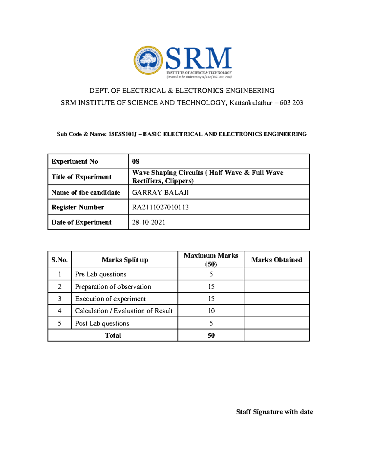 BEEE EXPERIMENT 8 - DEPT. OF ELECTRICAL & ELECTRONICS ENGINEERING SRM INSTITUTE OF SCIENCE AND ...