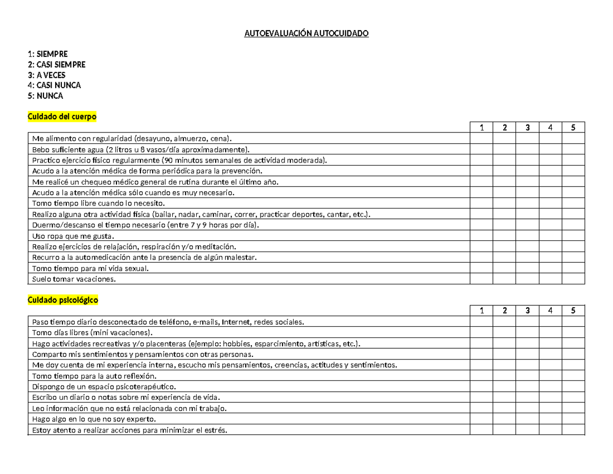 Autoevaluación Autocuidado - Estudio - AUTOEVALUACIÓN AUTOCUIDADO 1 ...