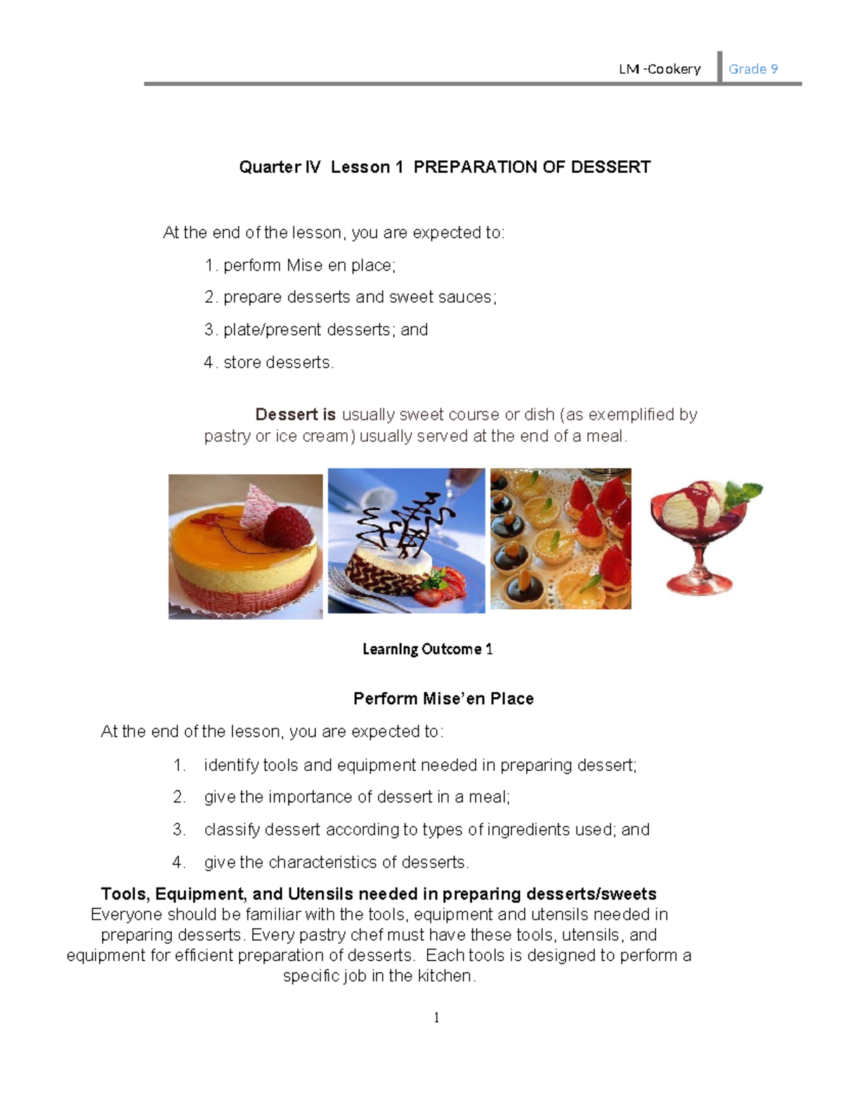 Dessert 9 - Tle - Quarter IV Lesson 1 PREPARATION OF DESSERT At the end ...