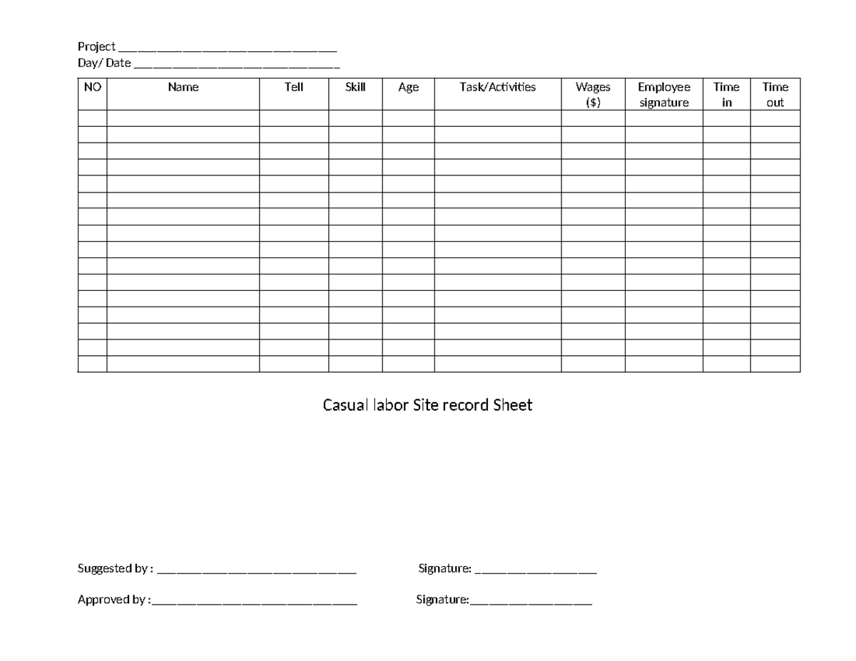 Casual Labor Site record sheet - Cost Estimation - Project