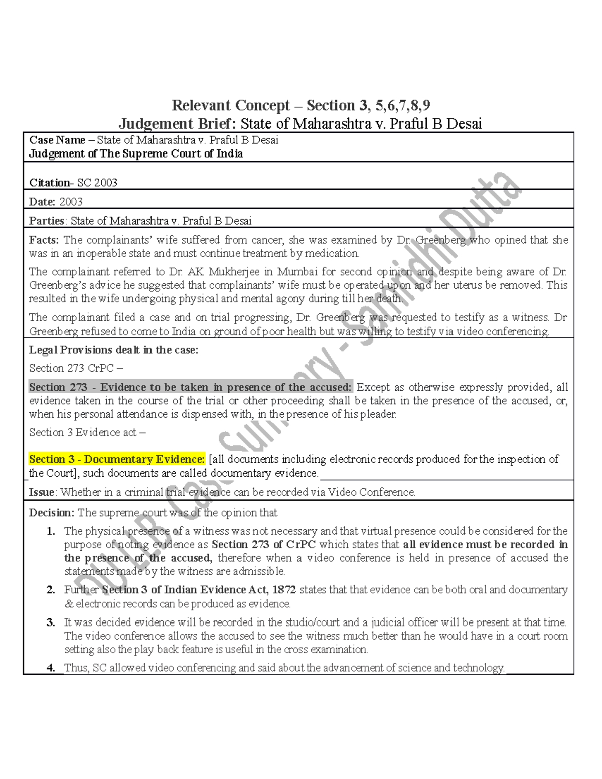Evidence Case Brief- Samridhi Dutta - Relevant Concept – Section 3, 5,6,7,8, Judgement Brief ...