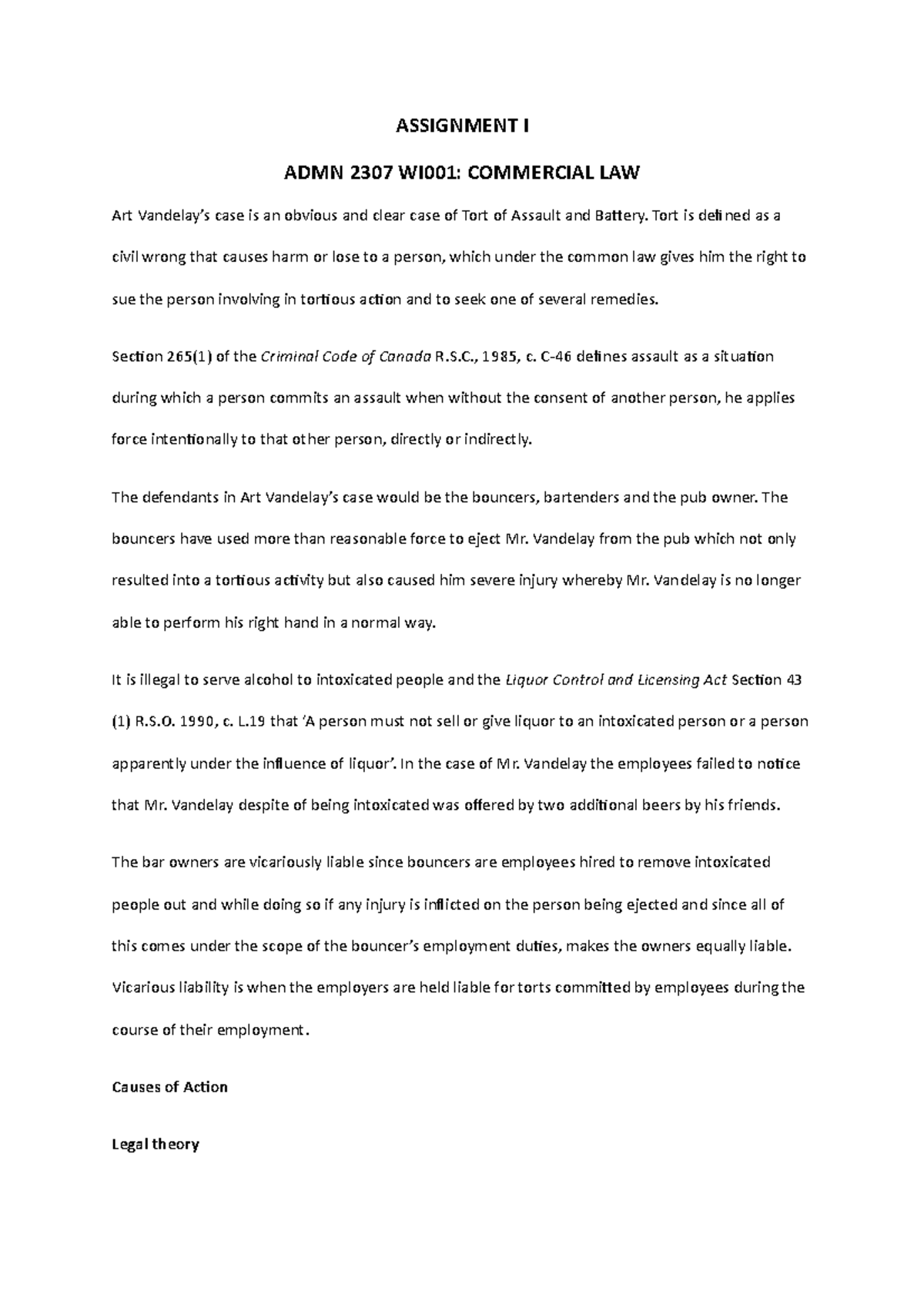 Commercial Law - Assignment - ADMN 2307 - Nipissing - Studocu