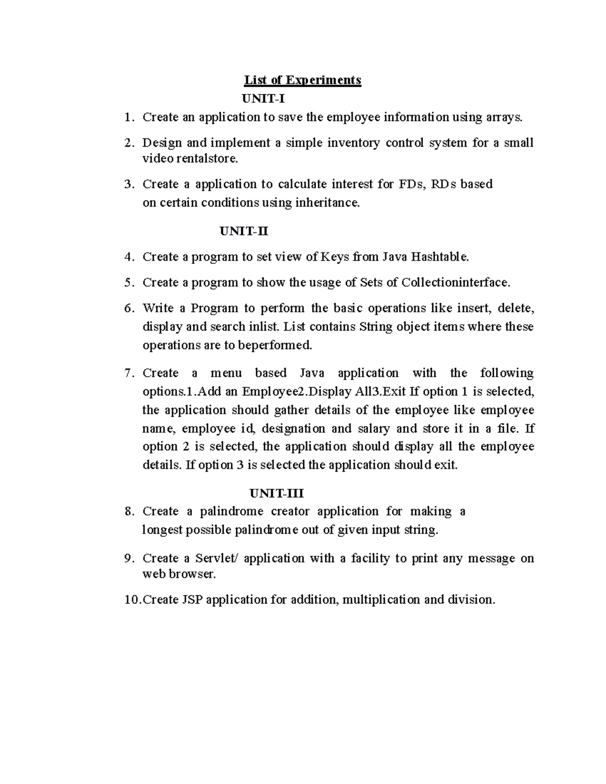 Lab manual of PBLJ - none - List of Experiments UNIT-I Create an ...