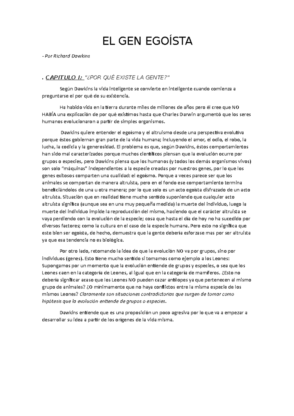 EL GEN Egoísta - resumen del libro del gen egoista - EL GEN EGOÍSTA Por ...