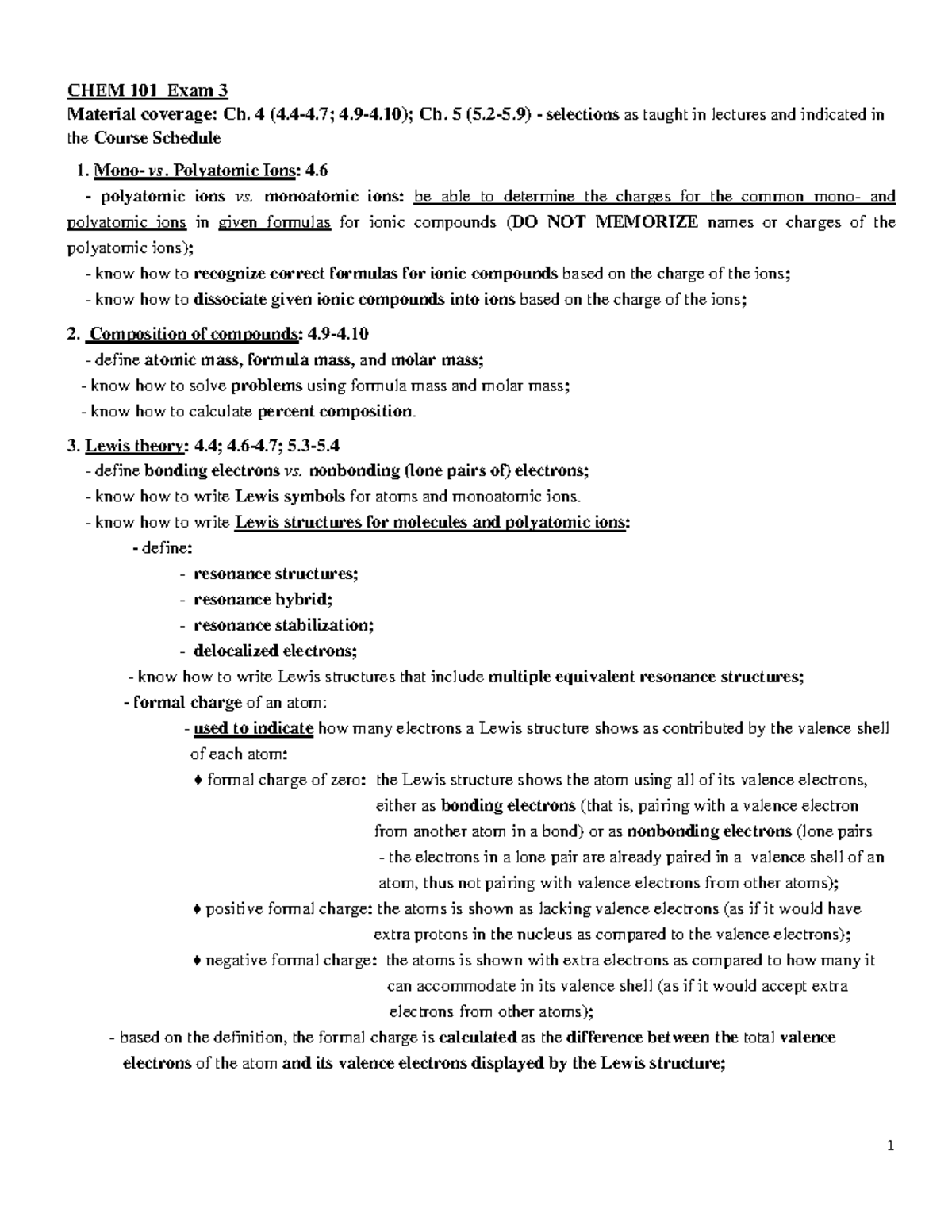 27107974 - Chem 101 exam 3 review - 1 CHEM 101 Exam 3 Material coverage: Ch. 4 (4-4; 4-4); Ch. 5 ...