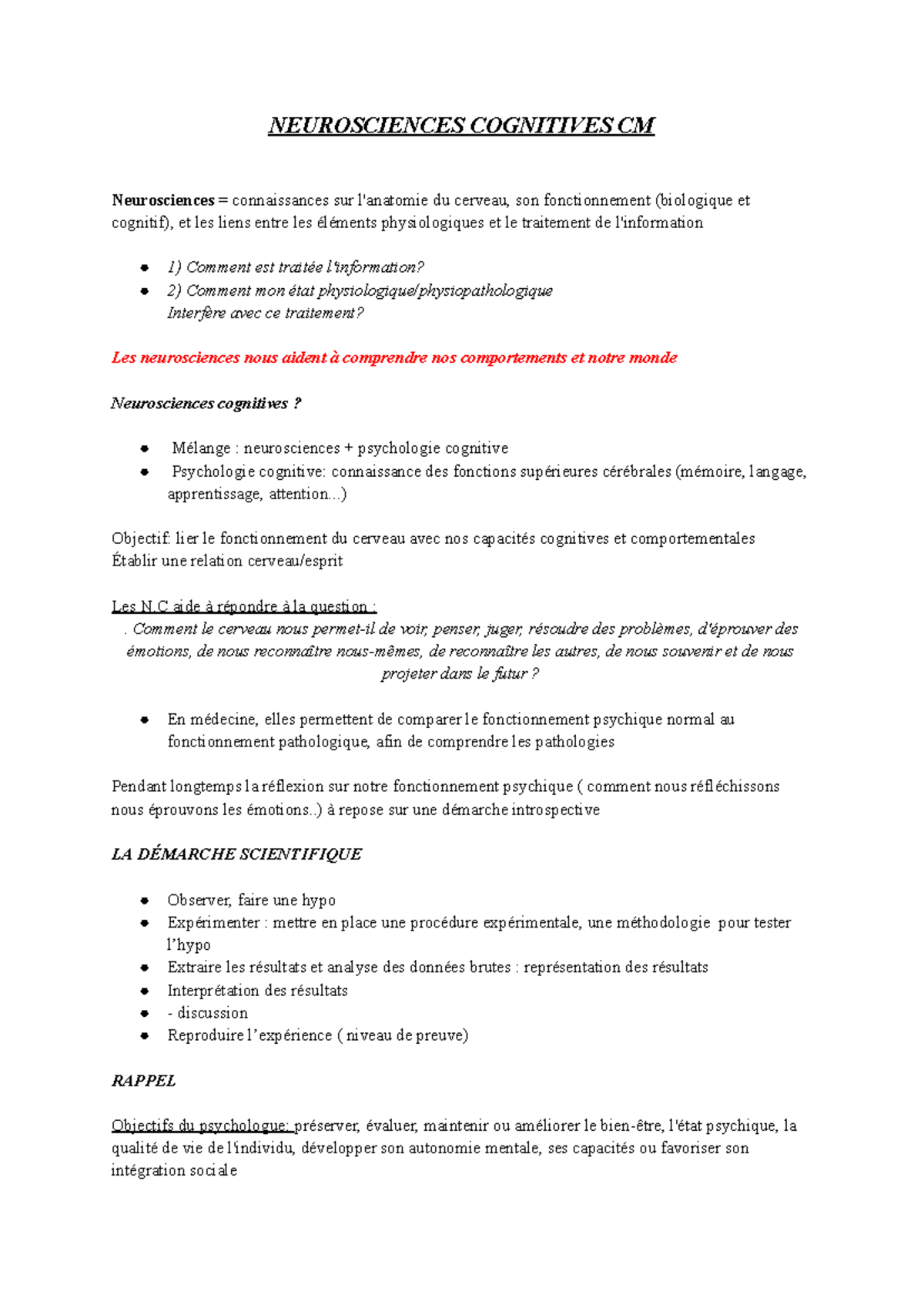 CM Neurosciences Cognitives - NEUROSCIENCES COGNITIVES CM ####### Neurosciences = connaissances ...