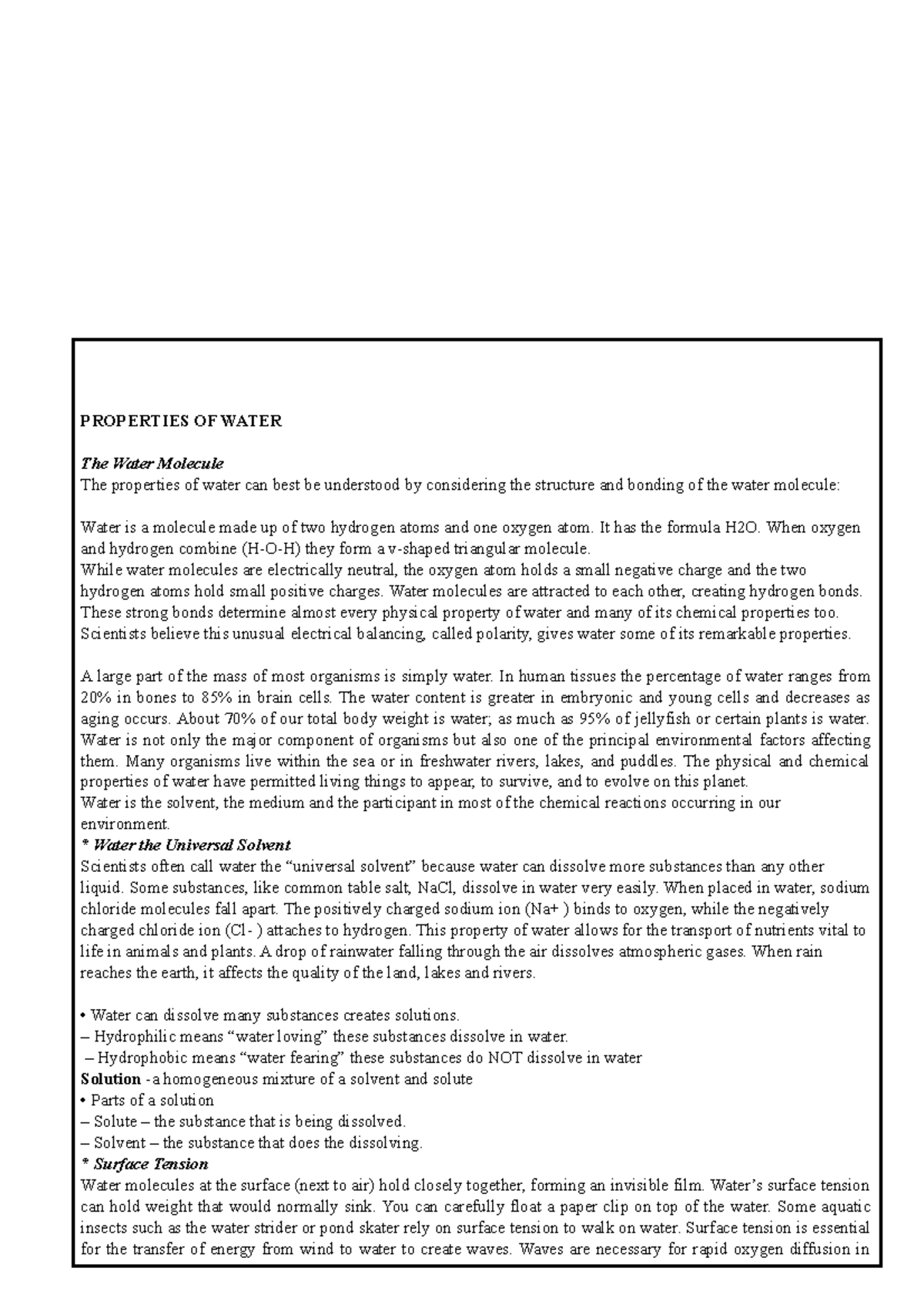 Notes - PROPERTIES OF WATER The Water Molecule The properties of water ...