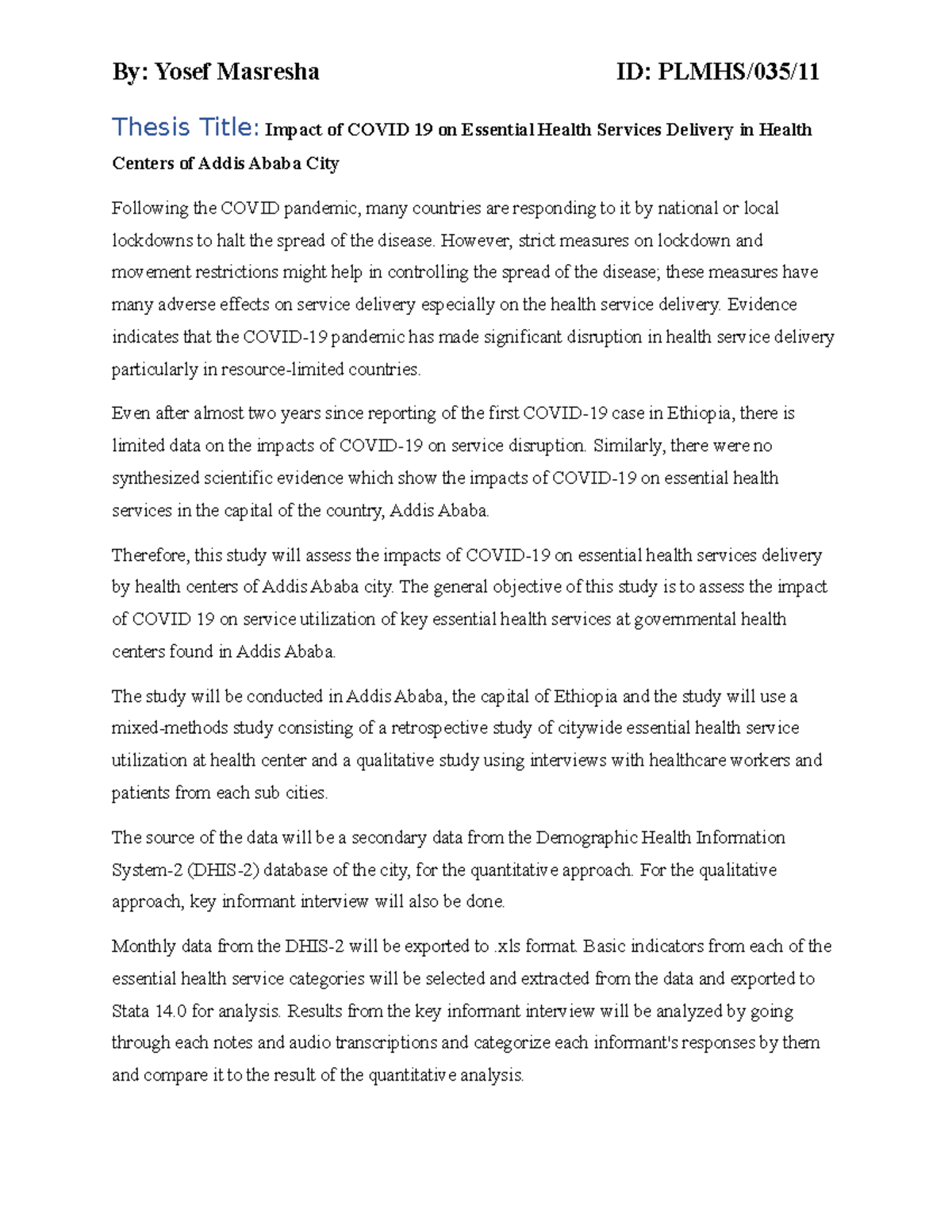 Thesis title 1 Yosef Masresha Kebed Plmhs 035 11 - By: Yosef Masresha ...