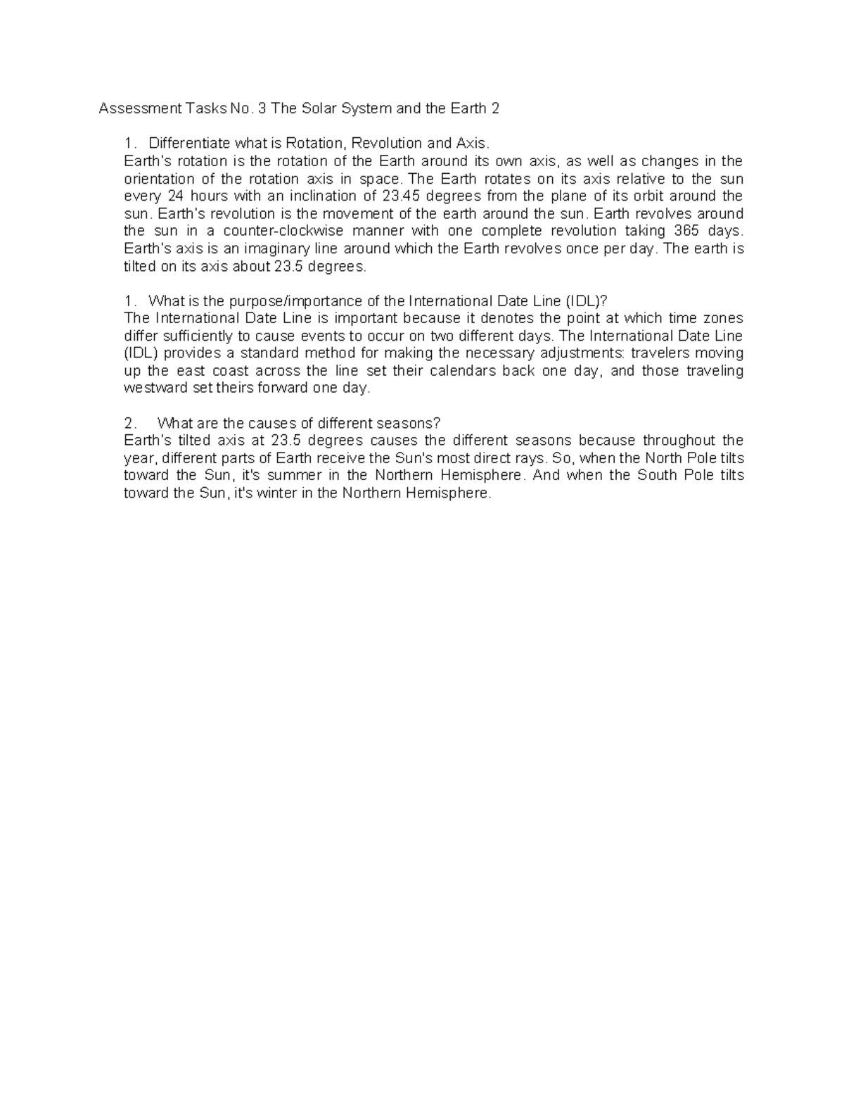 Assessment Tasks No. 3 The Solar System and the Earth 2 - Assessment ...