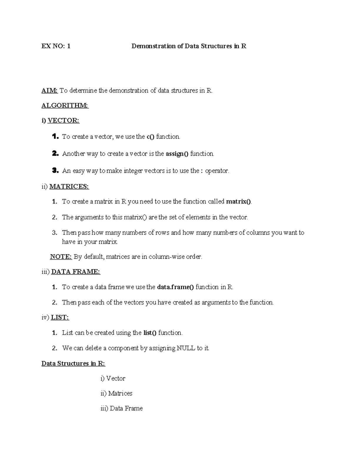 DWDM -LAB Manual - EX NO: 1 Demonstration of Data Structures in R AIM: To determine the - Studocu