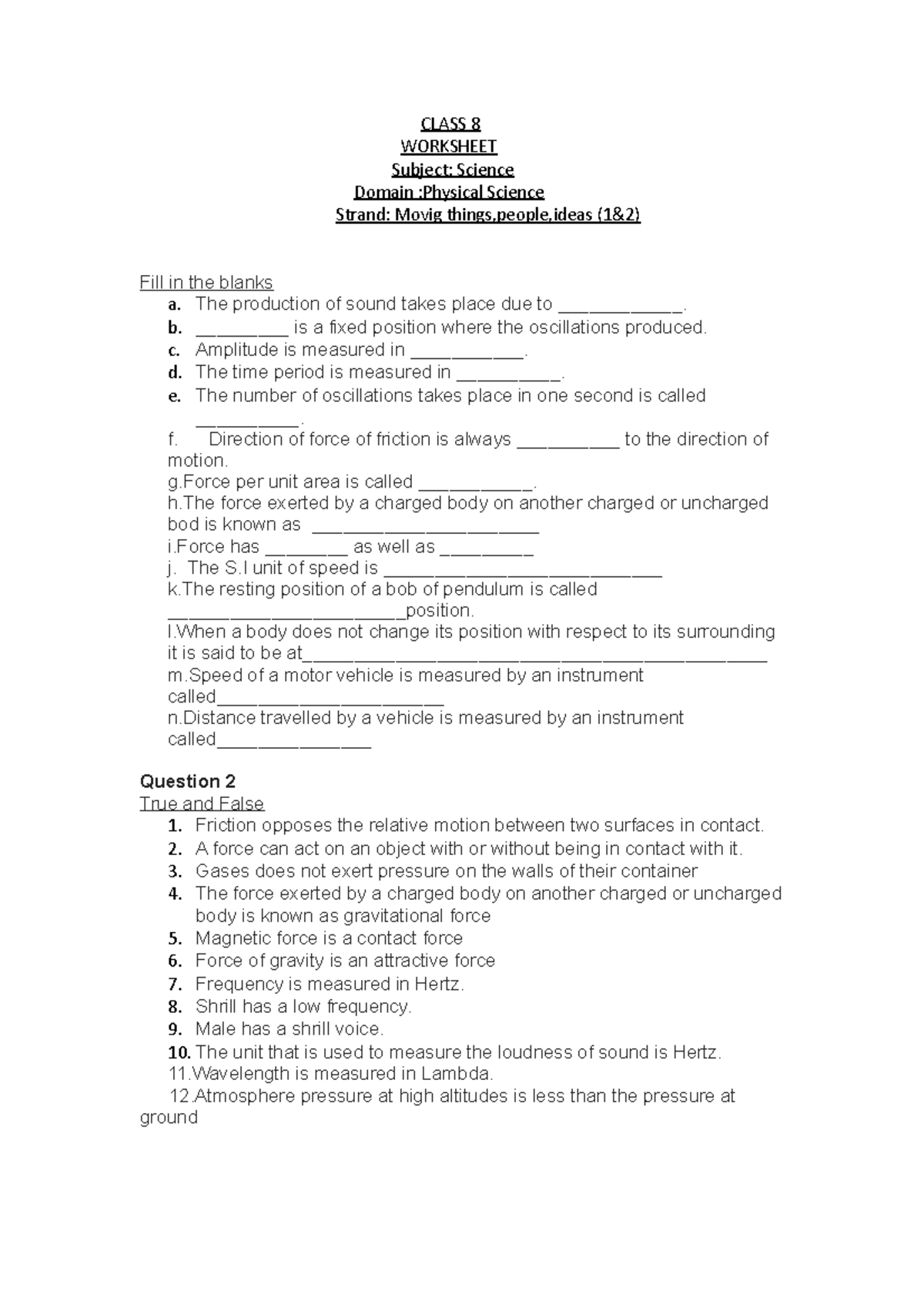 Moing things,eople ideas safal dox - CLASS 8 WORKSHEET Subject: Science ...