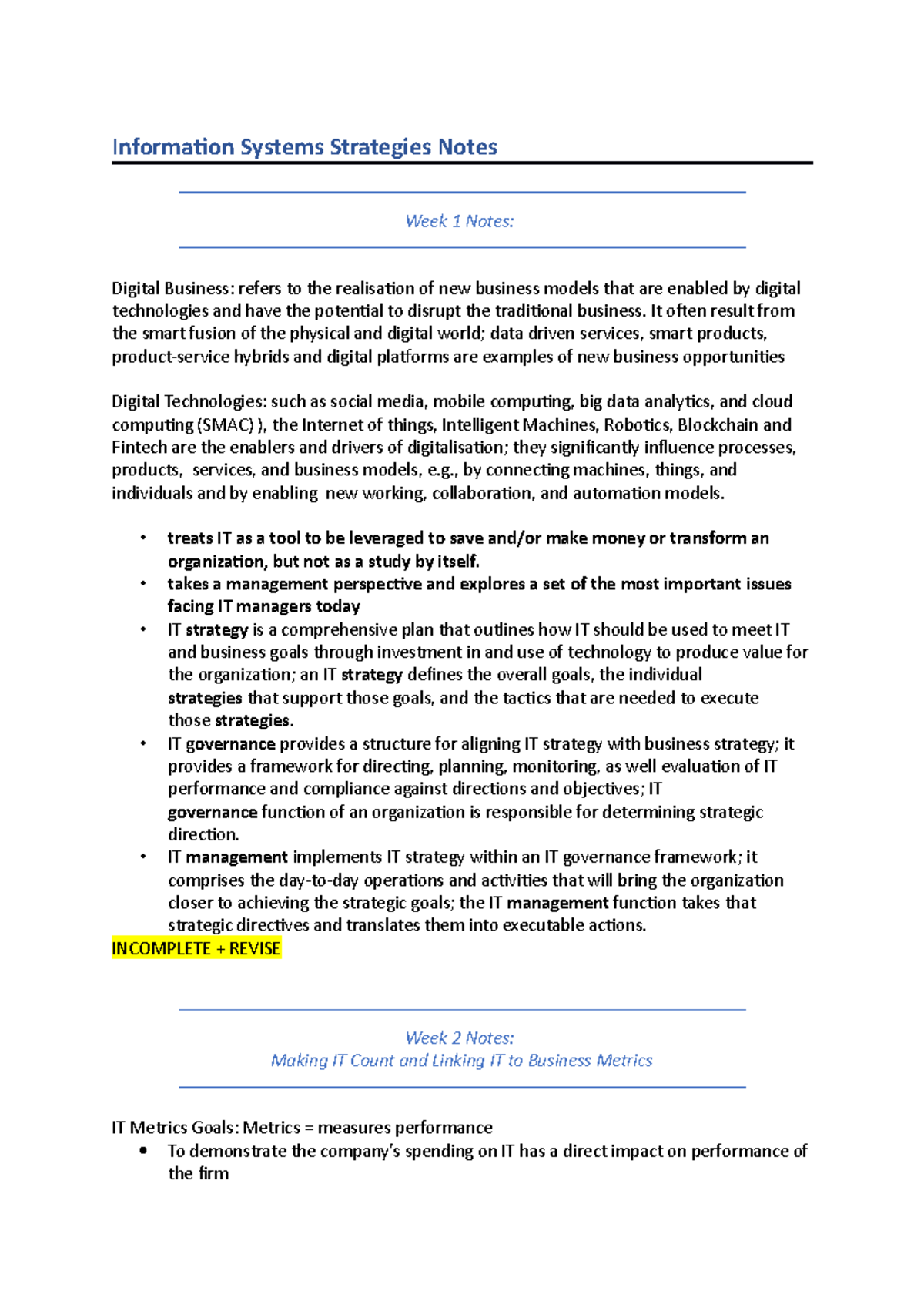 Info Systems Lec Notes - Information Systems Strategies Notes Week 1 ...