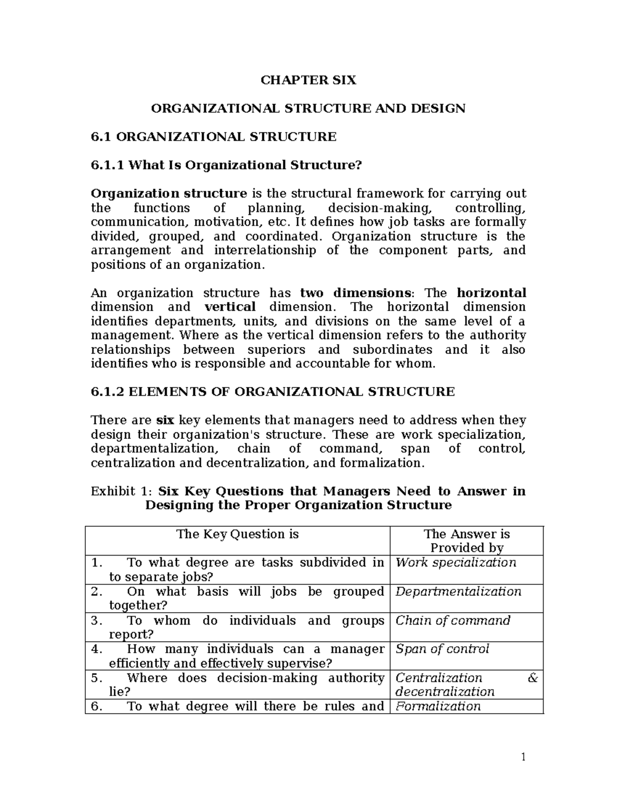 MGMT 321 Chapter VI Organizational Structure & Design 1 - CHAPTER SIX ...