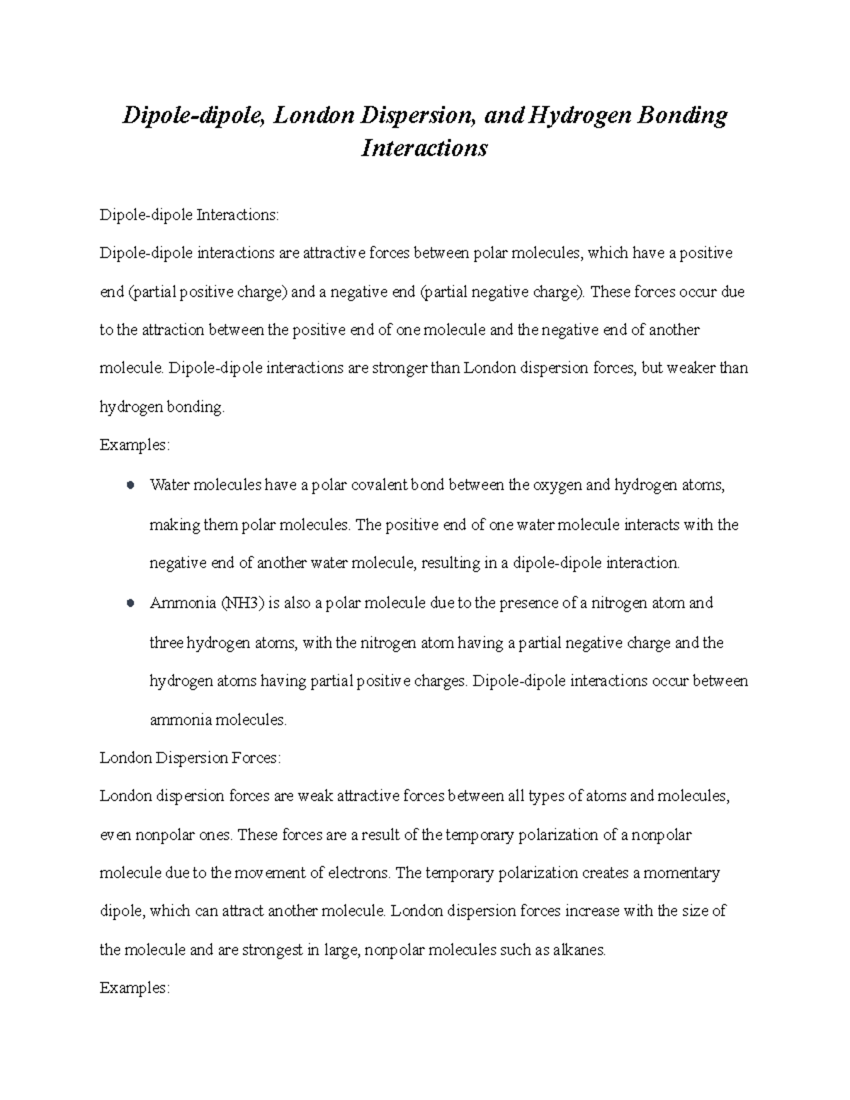 Notes on Dipole-dipole, London Dispersion, and Hydrogen Bonding ...
